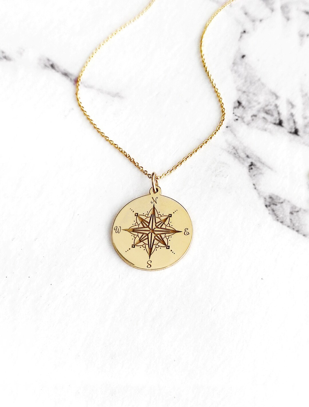 14K 9K Unique Compass Pendant Necklace, Solid Real Gold Compass Disc ...
