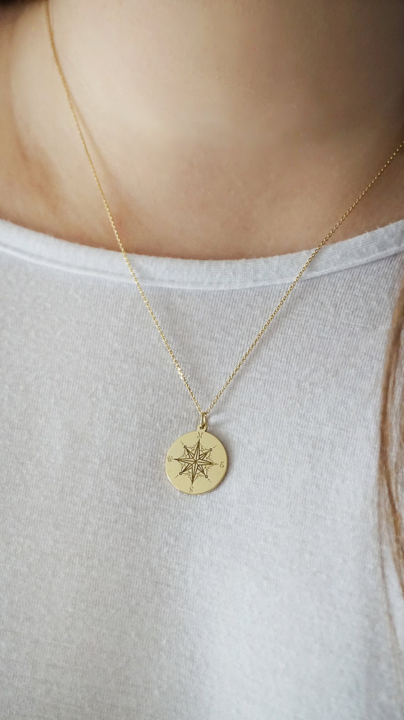 14K 9K Unique Compass Pendant Necklace, Solid Real Gold Compass Disc ...