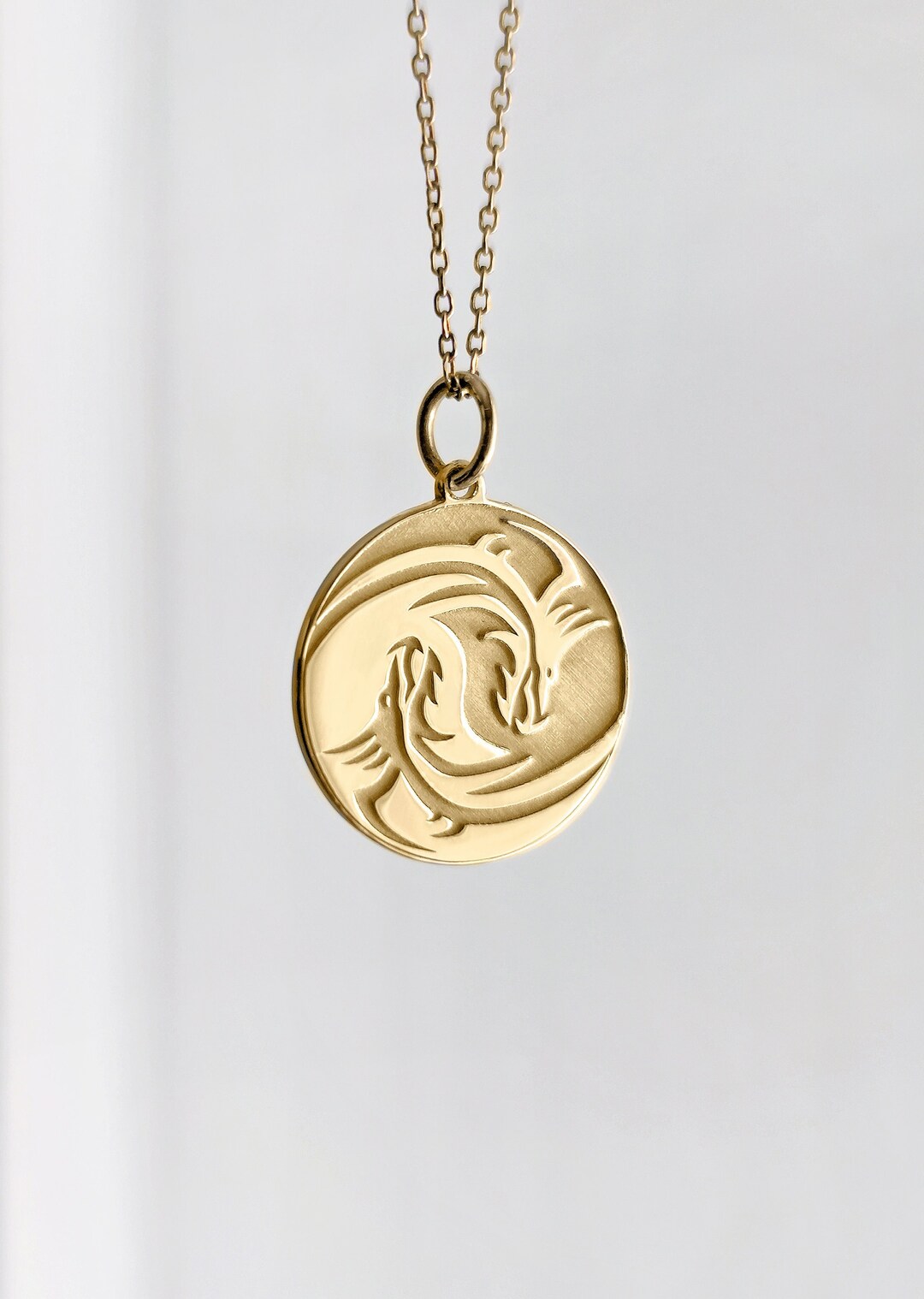 14K 9K Solid Real Gold Dragon Necklace, Personalized Dragon Disc ...