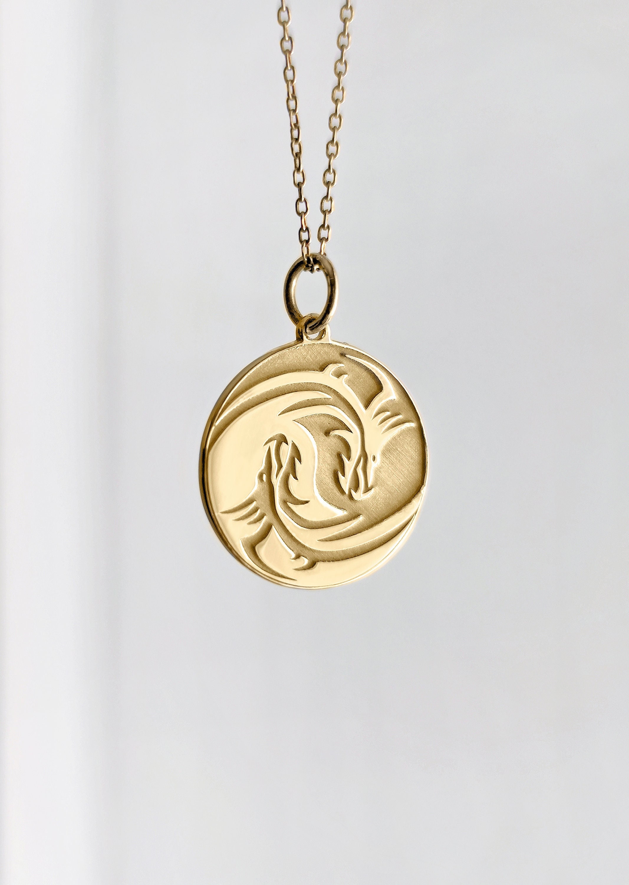 14K 9K Solid Real Gold Dragon Necklace, Personalized Dragon Disc ...