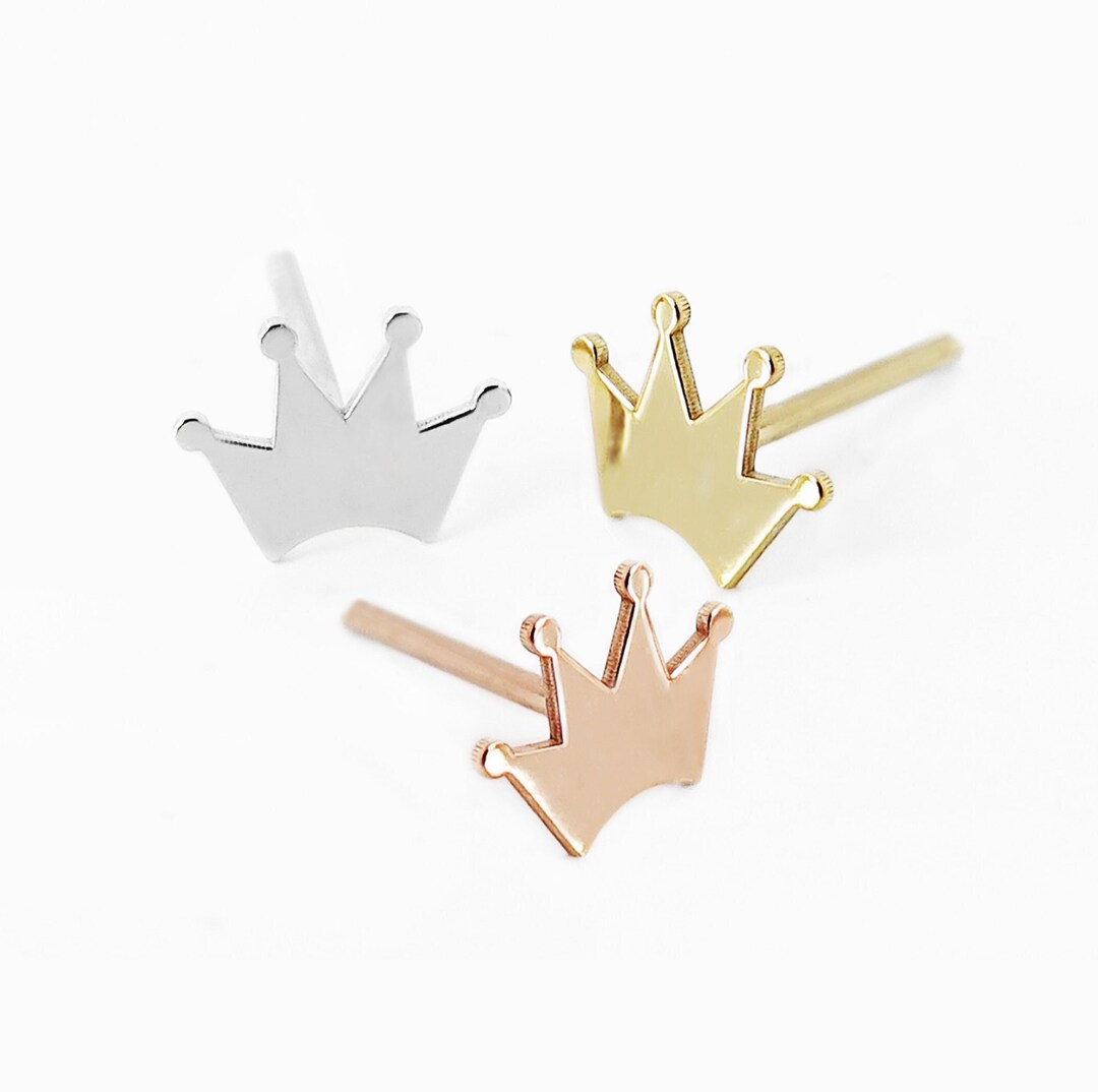 14K Gold Crown Studs, 14K Gold Crown Earrings, Small Crown Studs, Small ...