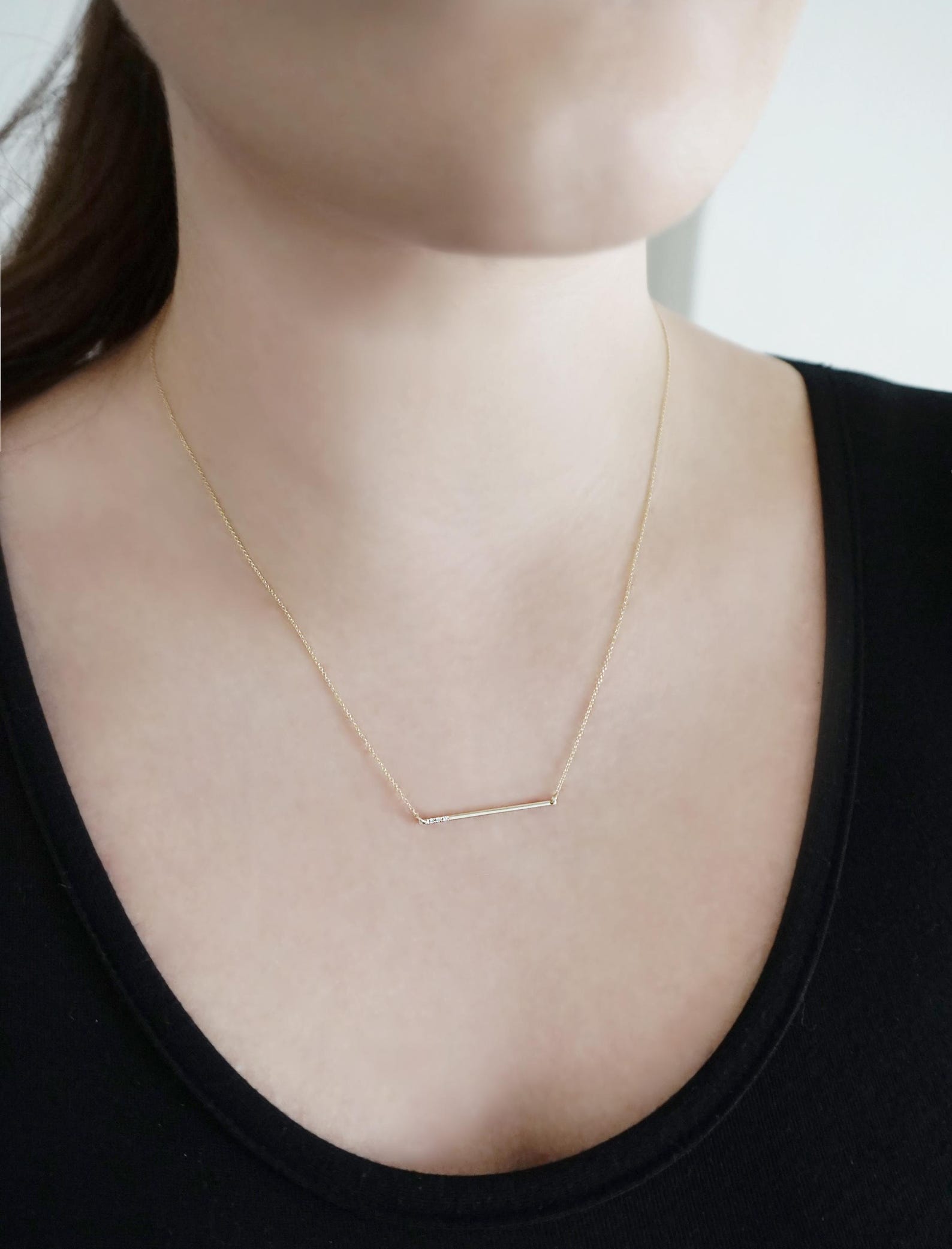 14K 18K Thin Diamond Bar Necklace, Simple Diamond Necklace, Dainty ...