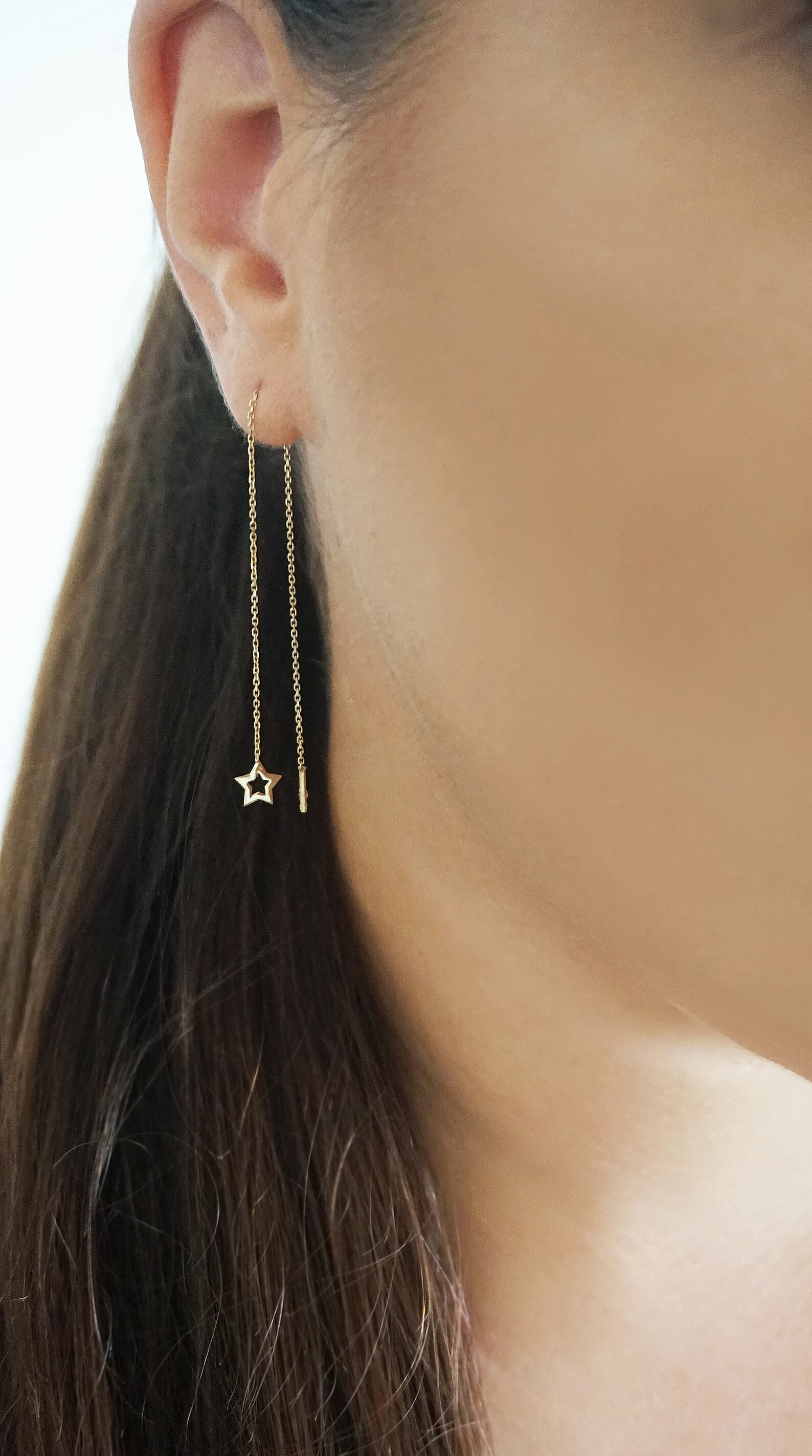14K 9K Gold Star Threader Earrings, Solid Gold Minimalist Earrings ...