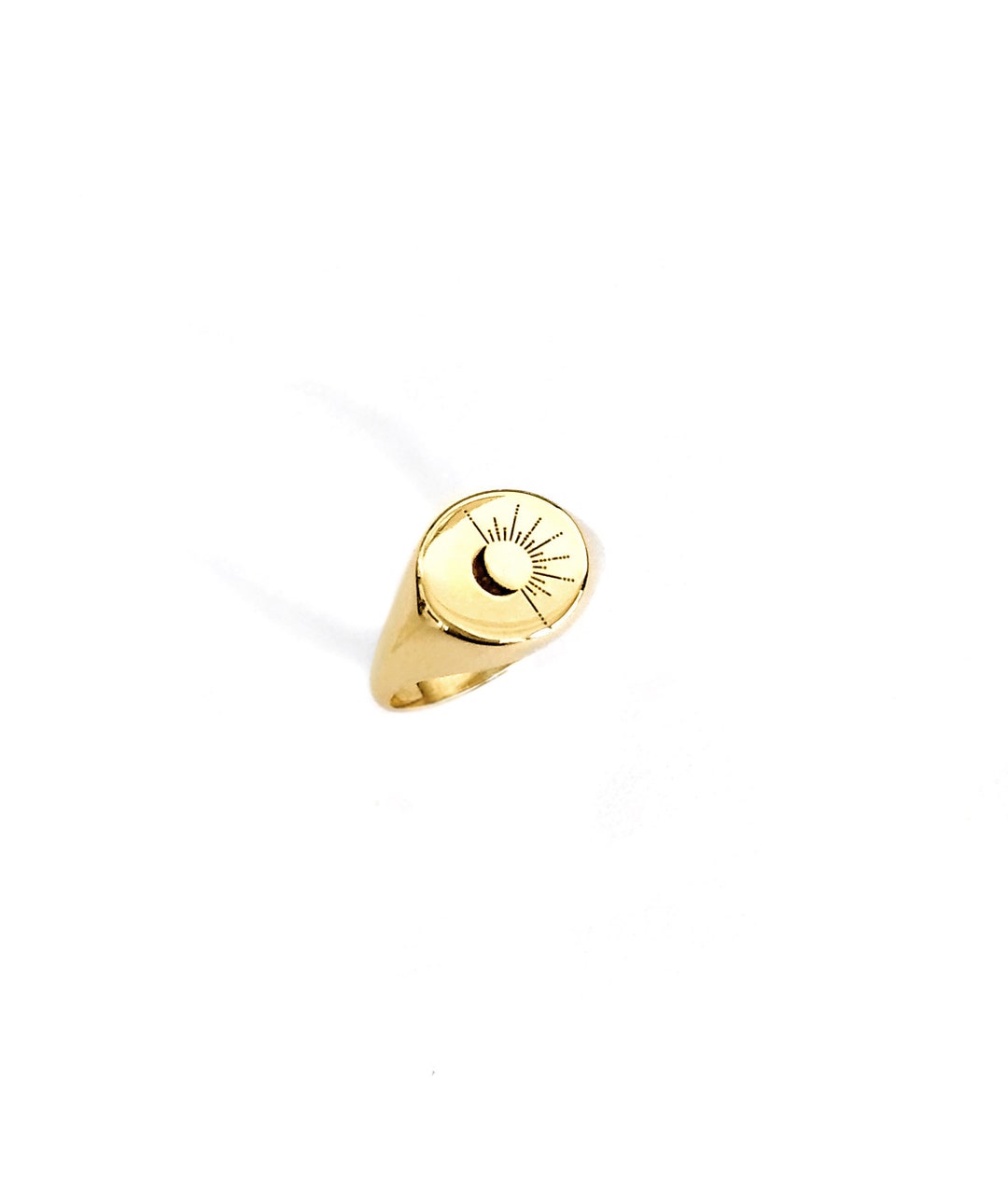 18K 14K Sun and Moon Signet Ring, Engraved Round Signet Ring, Solid ...