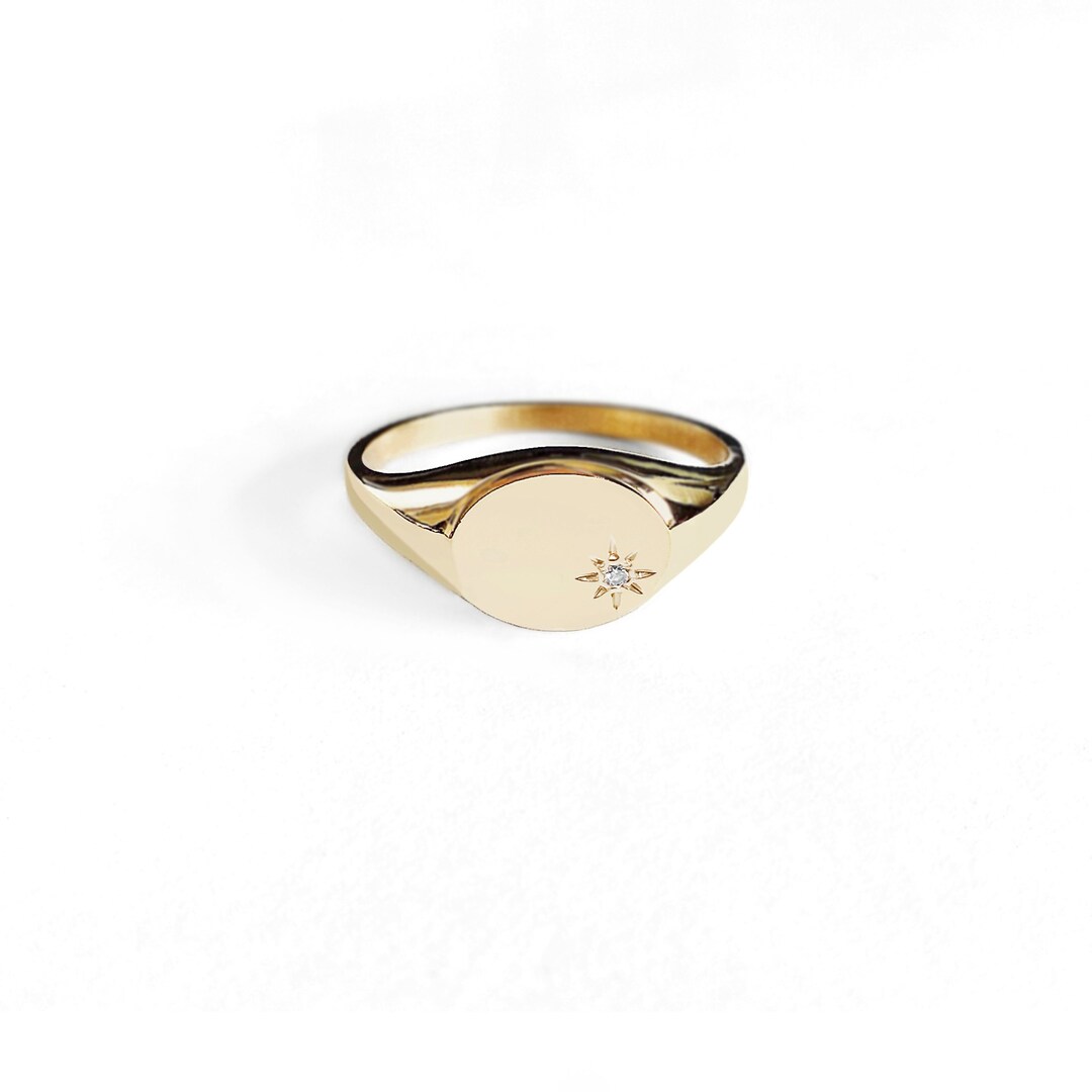 18K Diamond Signet Ring, Star Setting Signet Ring, 14K Solid Gold ...