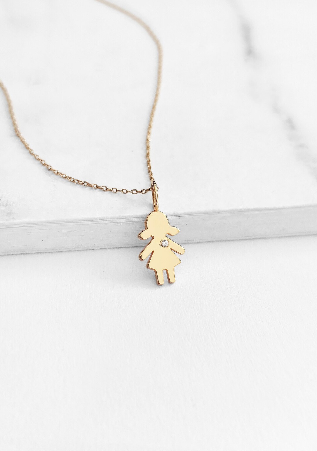 14K 9K Tiny Girl Pendant, Solid Real Gold Girl Charm With Diamond, Gold ...