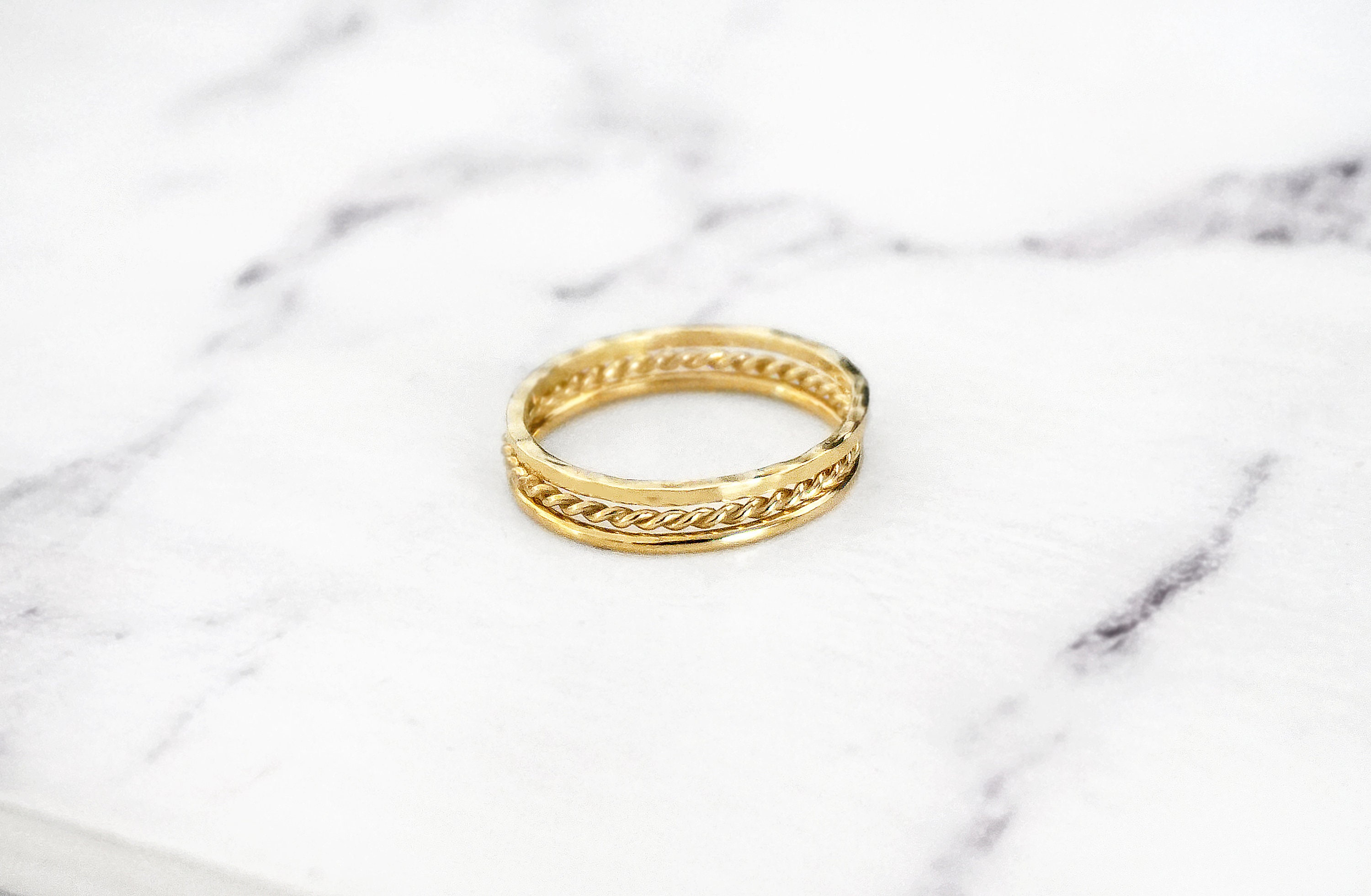14K 9K Gold Stacking Ring Set, Set of 3 Thin Bands, Hammered Smooth ...