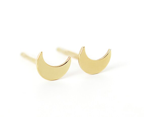 14K Gold Tiny Crescent Moon Studs Small Mini Moon Studs | Etsy