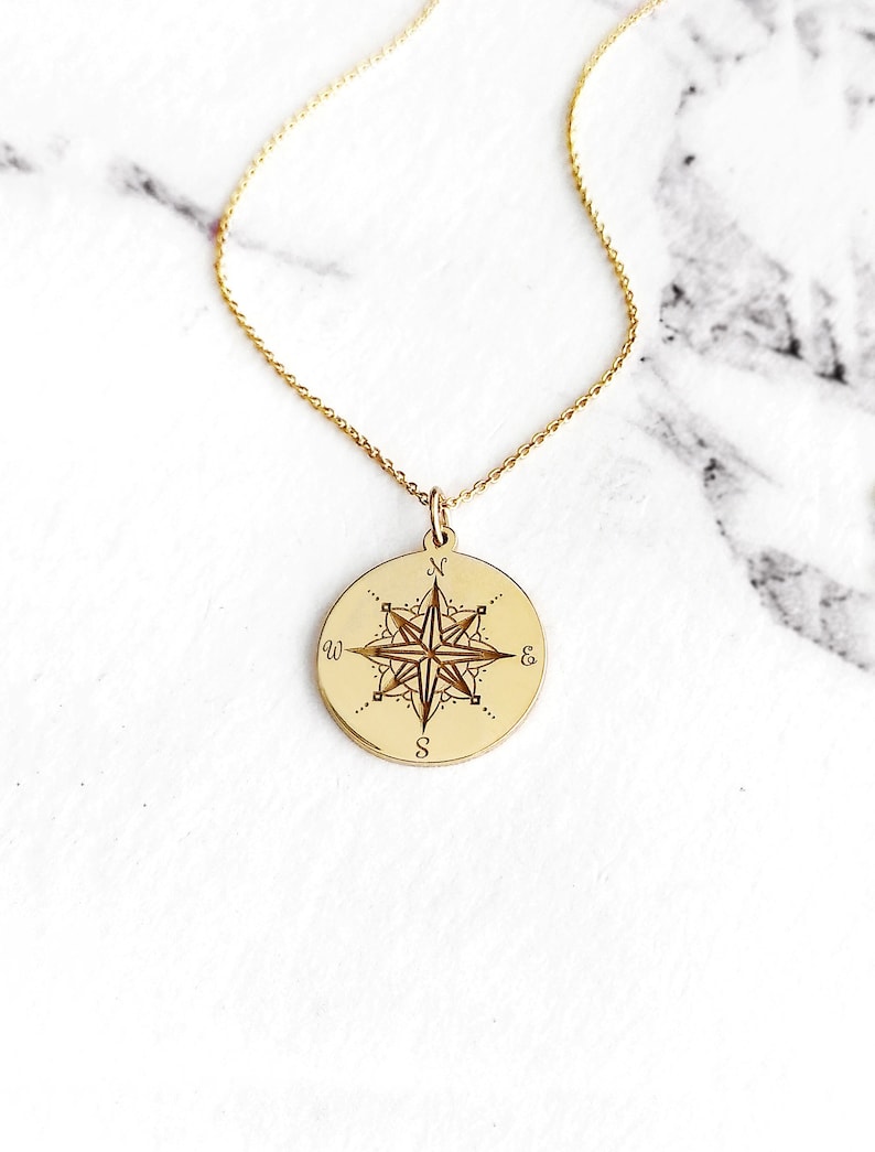 14K 9K Unique Compass Pendant Necklace, Solid Real Gold Compass Disc ...