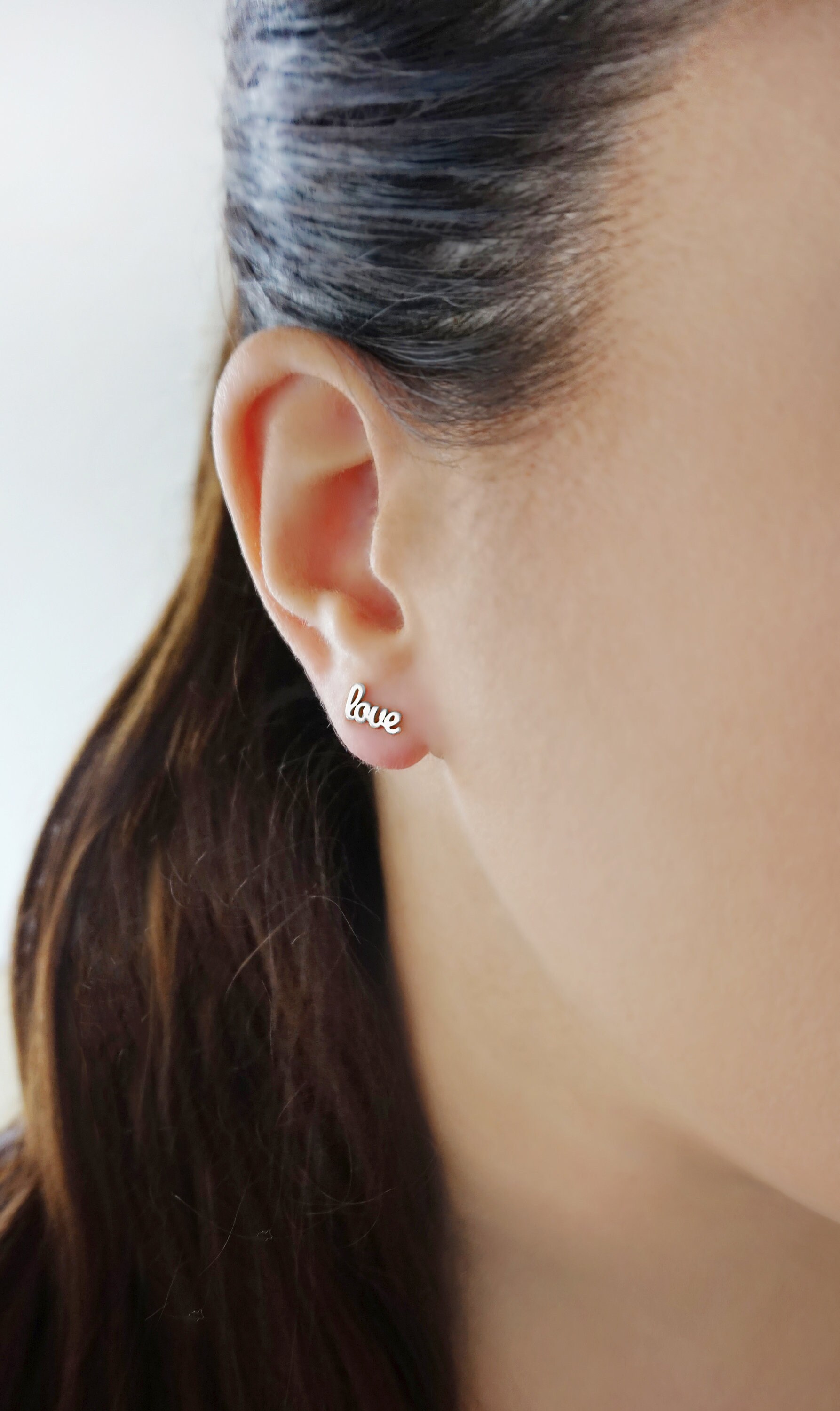 14K Love Earrings Cursive Love Stud Earrings Tiny love | Etsy