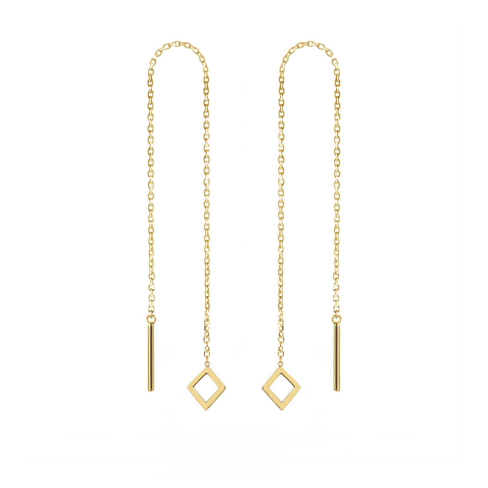 14K 9K Gold Rhombus Threader Earrings, Solid Gold Minimalist Earrings ...