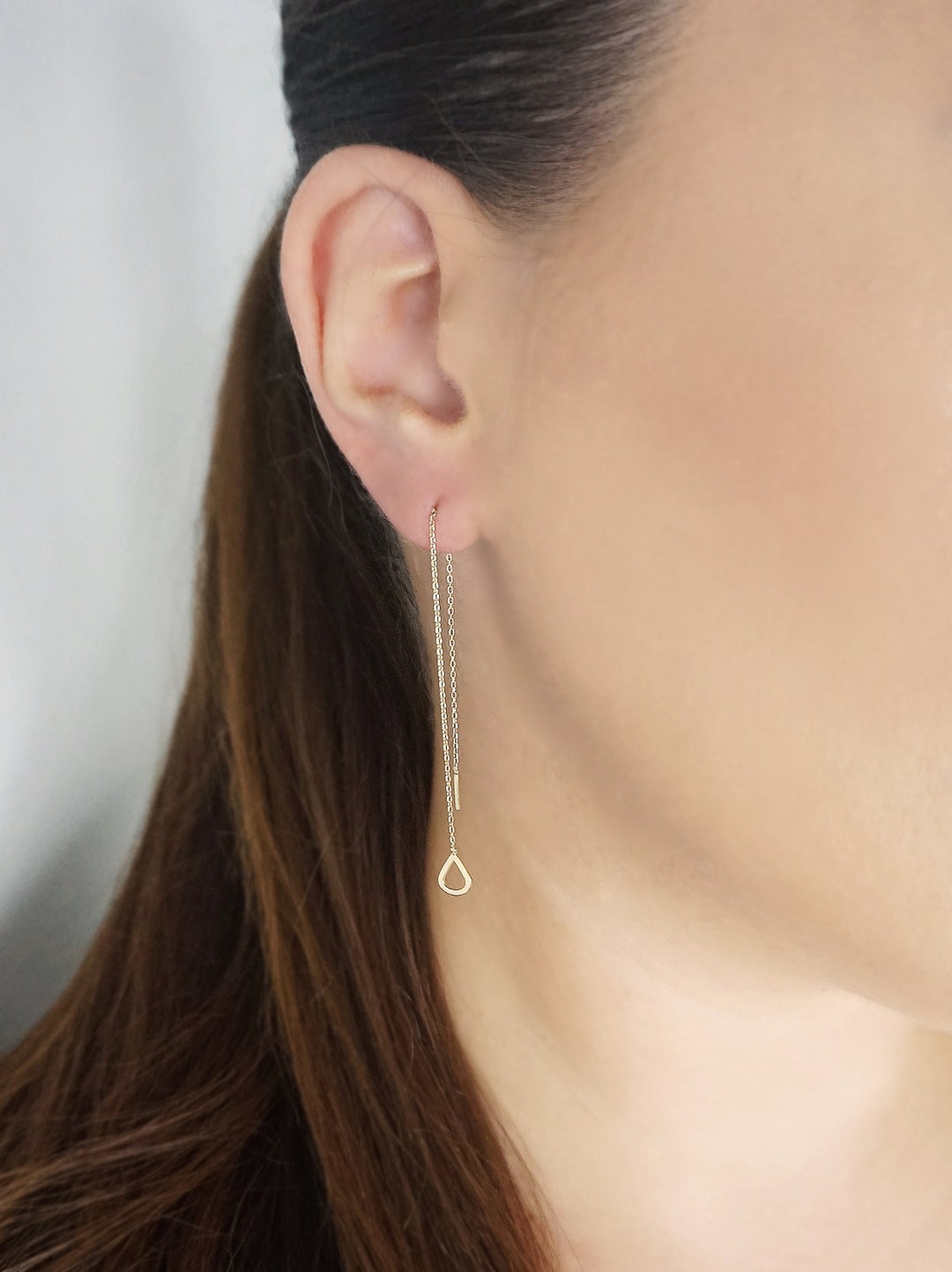 14K 9K Gold Teardrop Threader Earrings, Solid Gold Minimalist Earrings ...