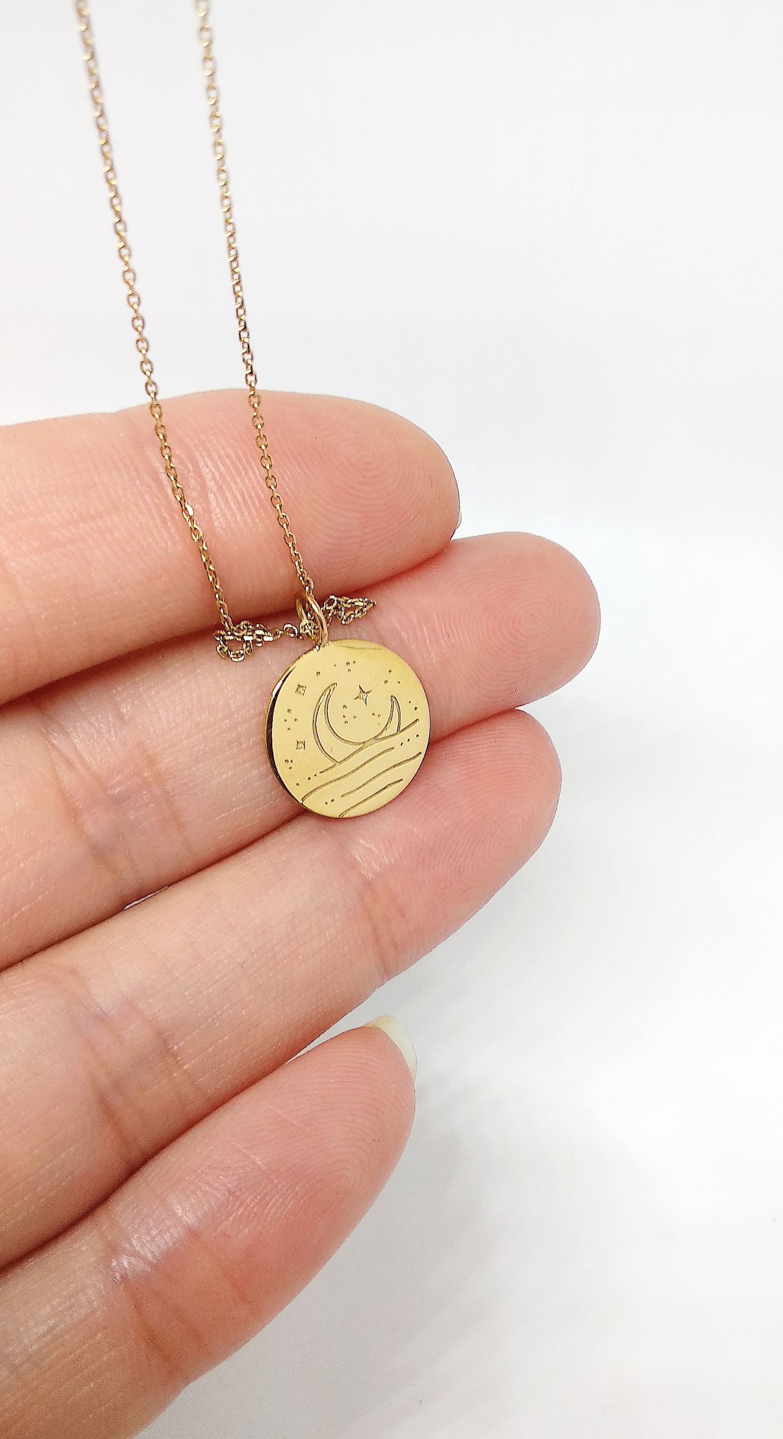 14K 9K Delicate Sun and Moon Necklace Solid Gold Disc | Etsy