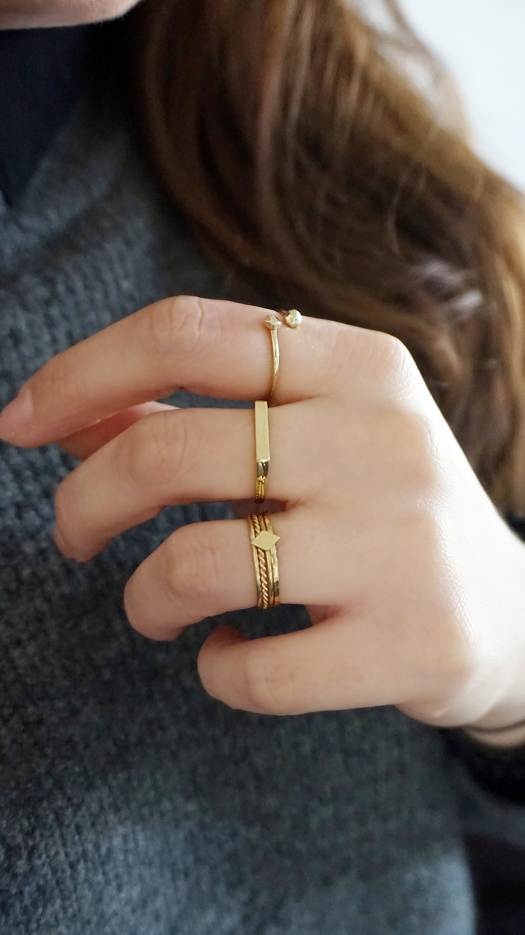 14K 9K Gold Stacking Ring Set Set of 3 Thin Bands Hammered | Etsy