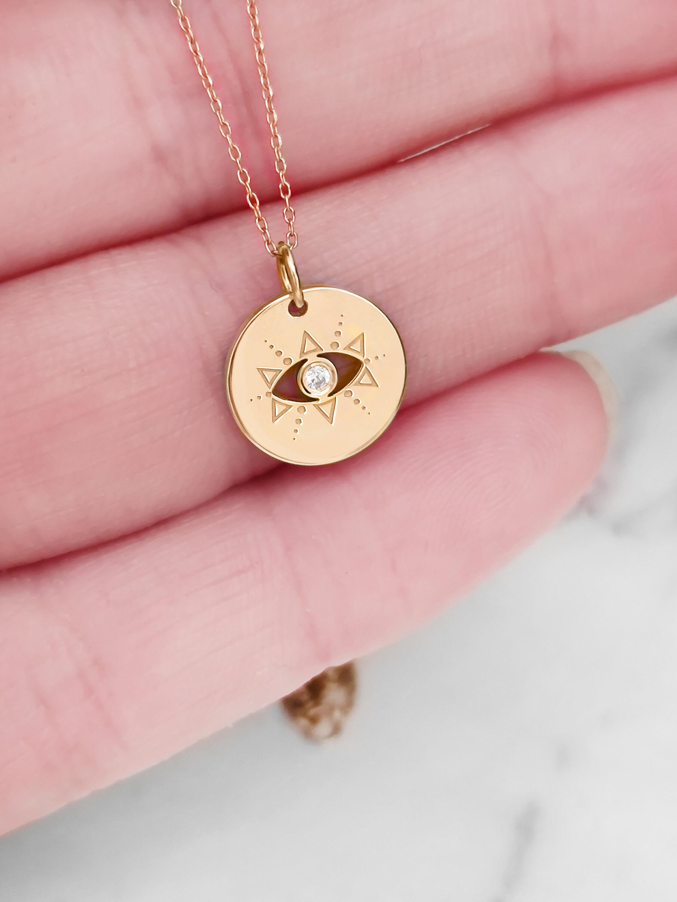 18K 14K 9K Dainty Diamond Evil Eye Necklace Minimalist Small | Etsy