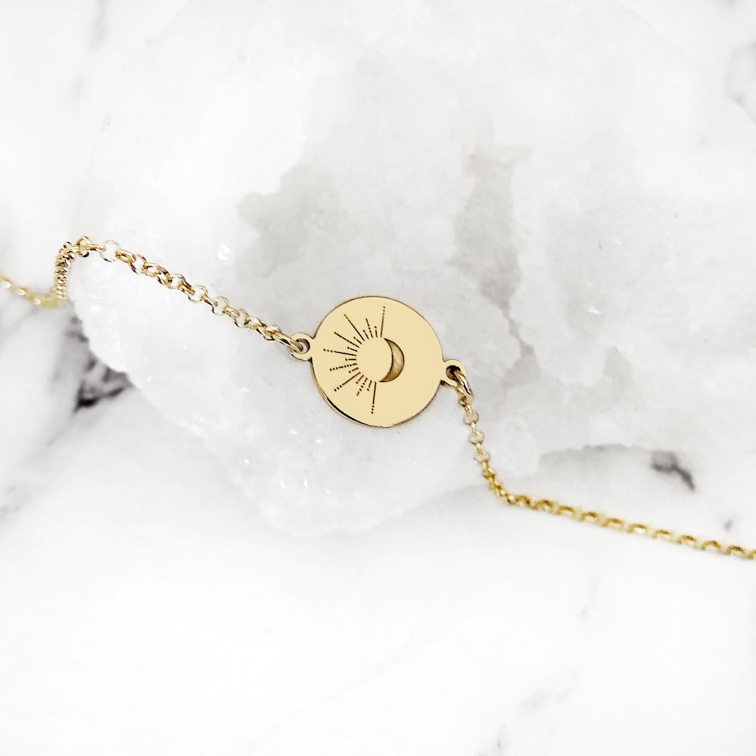 18K 14K 9K Delicate Sun and Moon Bracelet, Solid Gold Bracelet, Dainty ...