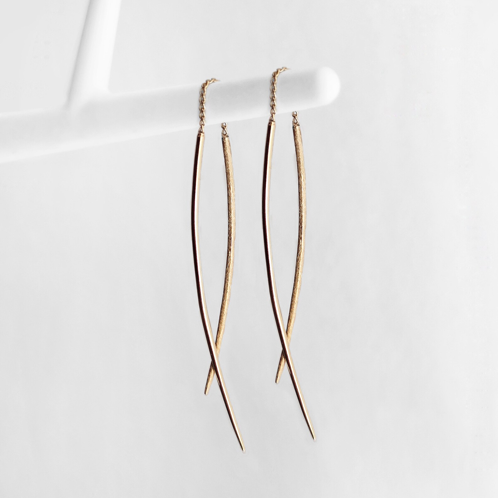 14K 9K Gold Curved Bar Ear Threader Earrings, Solid Gold Swing Earrings ...