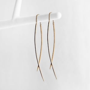 14K 9K Gold Curved Bar Ear Threader Earrings, Solid Gold Swing Earrings ...