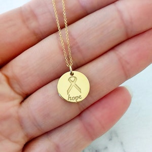 14K Solid Gold Cancer Awareness Ribbon Charm Necklace, Breast Cancer ...