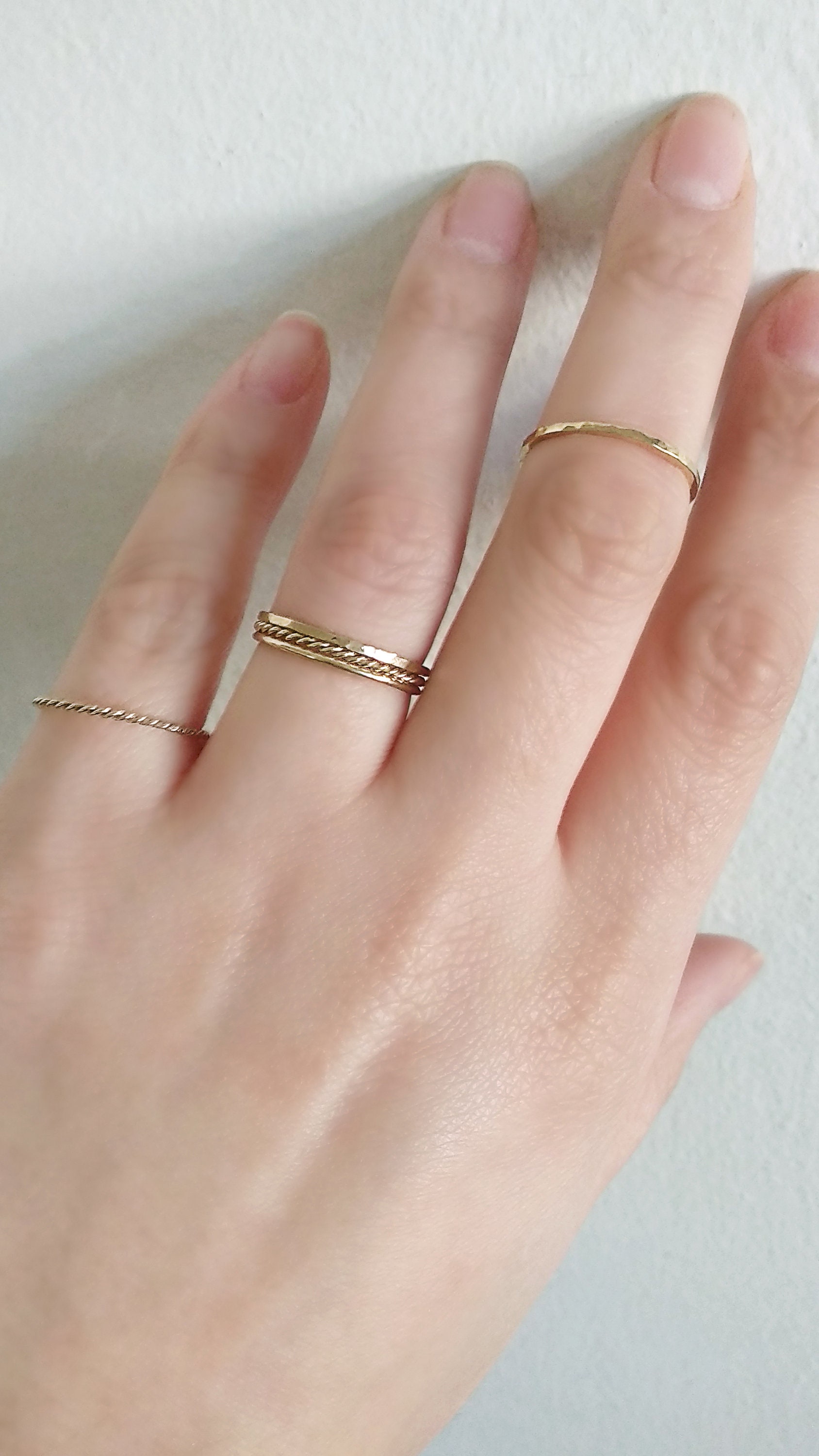 14K 9K Gold Stacking Ring Set, Set of 3 Thin Bands, Hammered Smooth ...