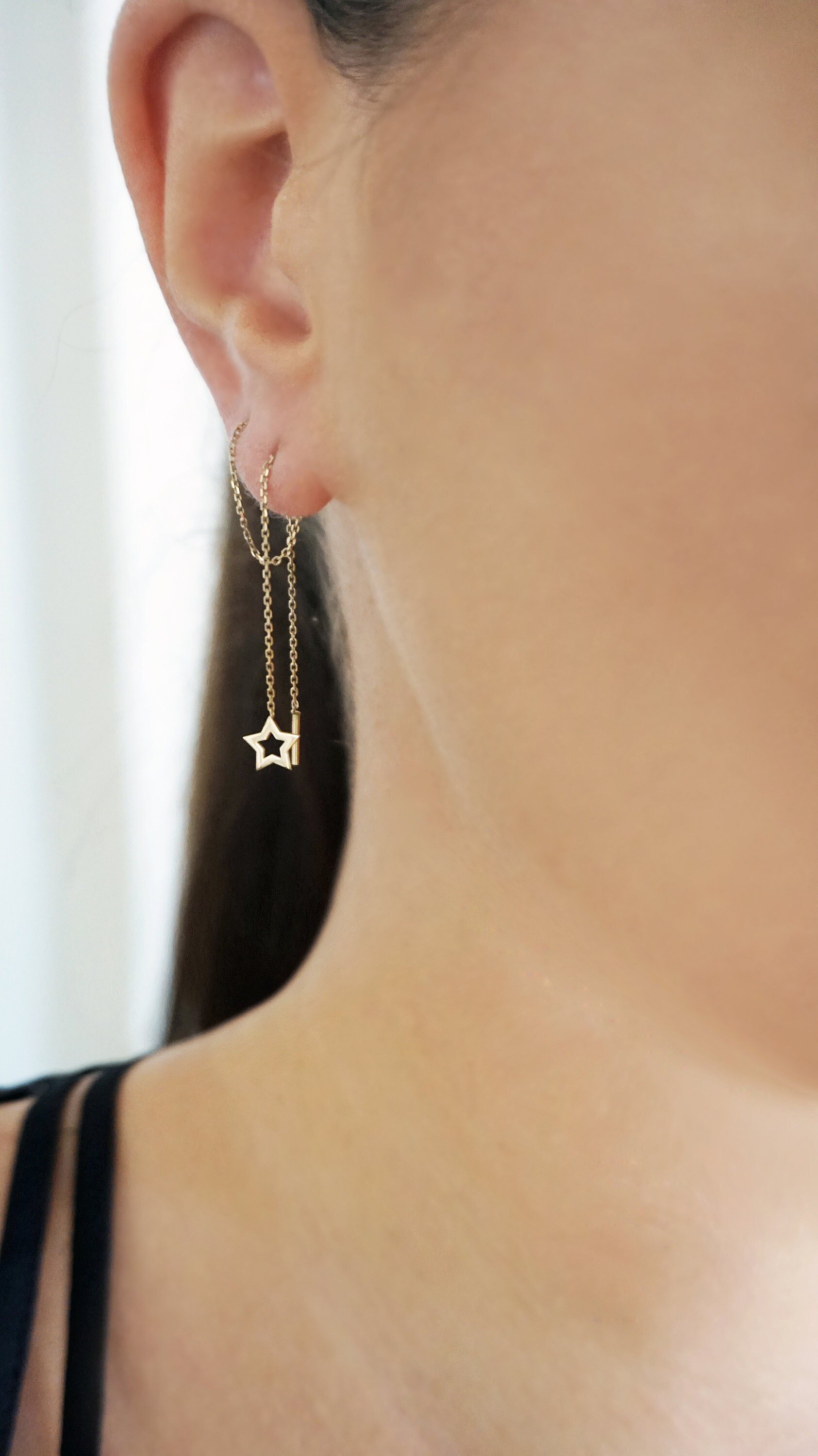 14K 9K Gold Star Threader Earrings Solid Gold Minimalist - Etsy