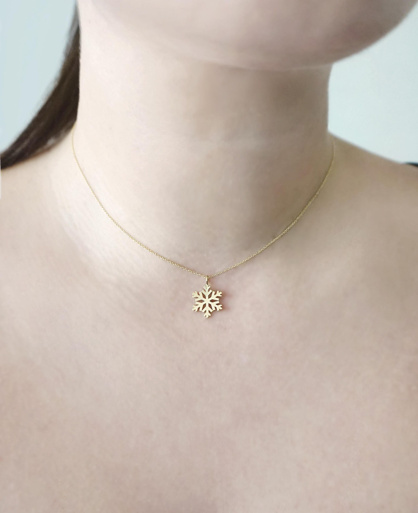 14K 9K Snowflake Charm Necklace, Solid Gold Necklace, Wintertime ...