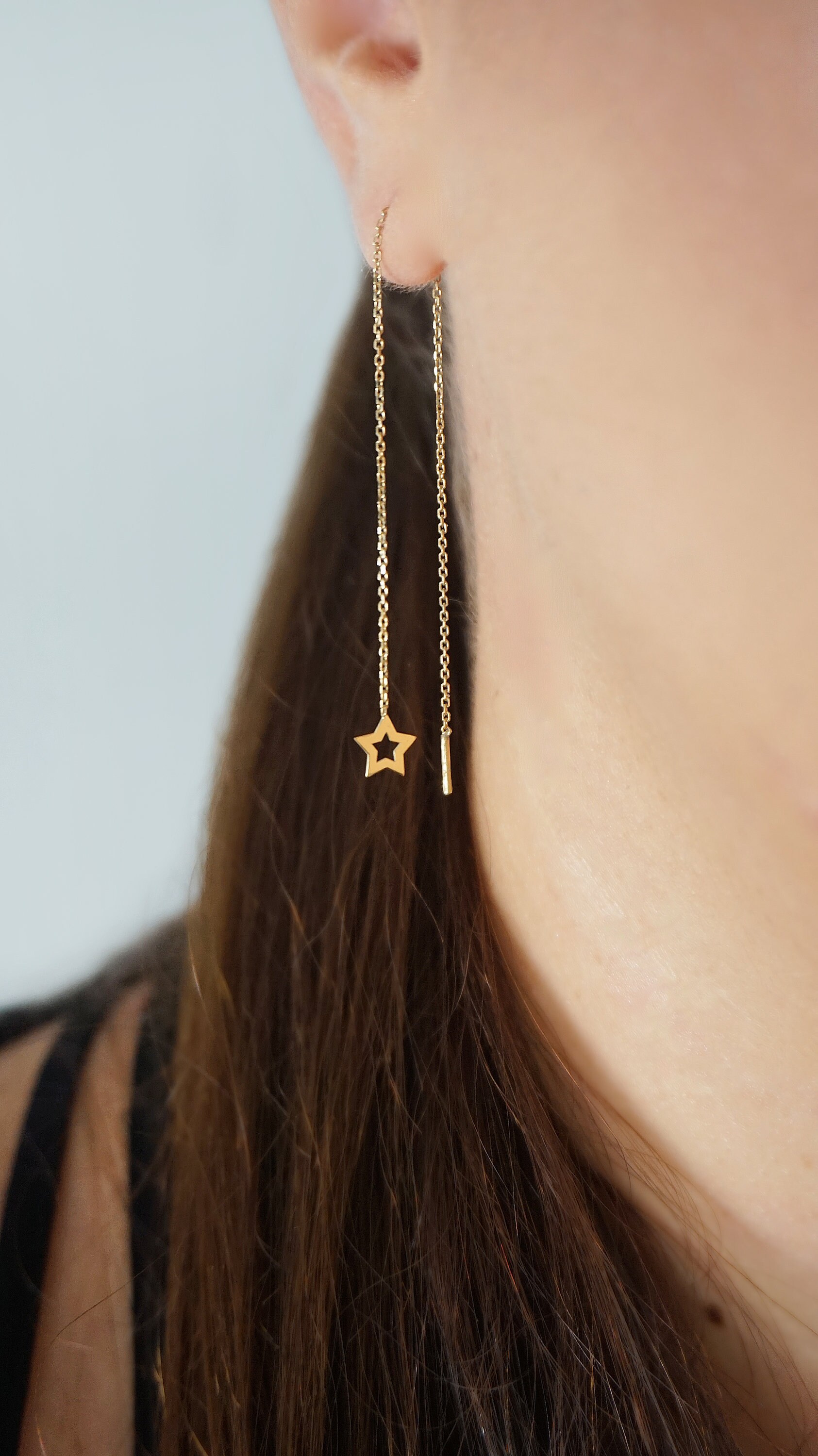 14K 9K Gold Star Threader Earrings Solid Gold Minimalist - Etsy