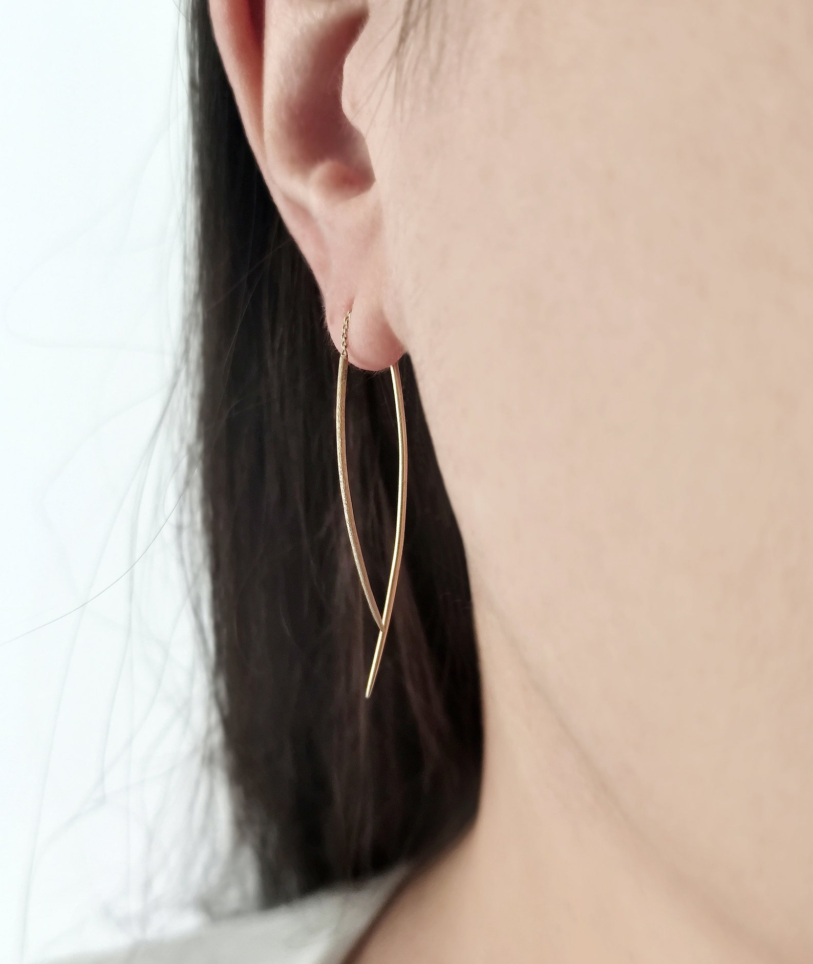 14K 9K Gold Curved Bar Ear Threader Earrings, Solid Gold Swing Earrings ...