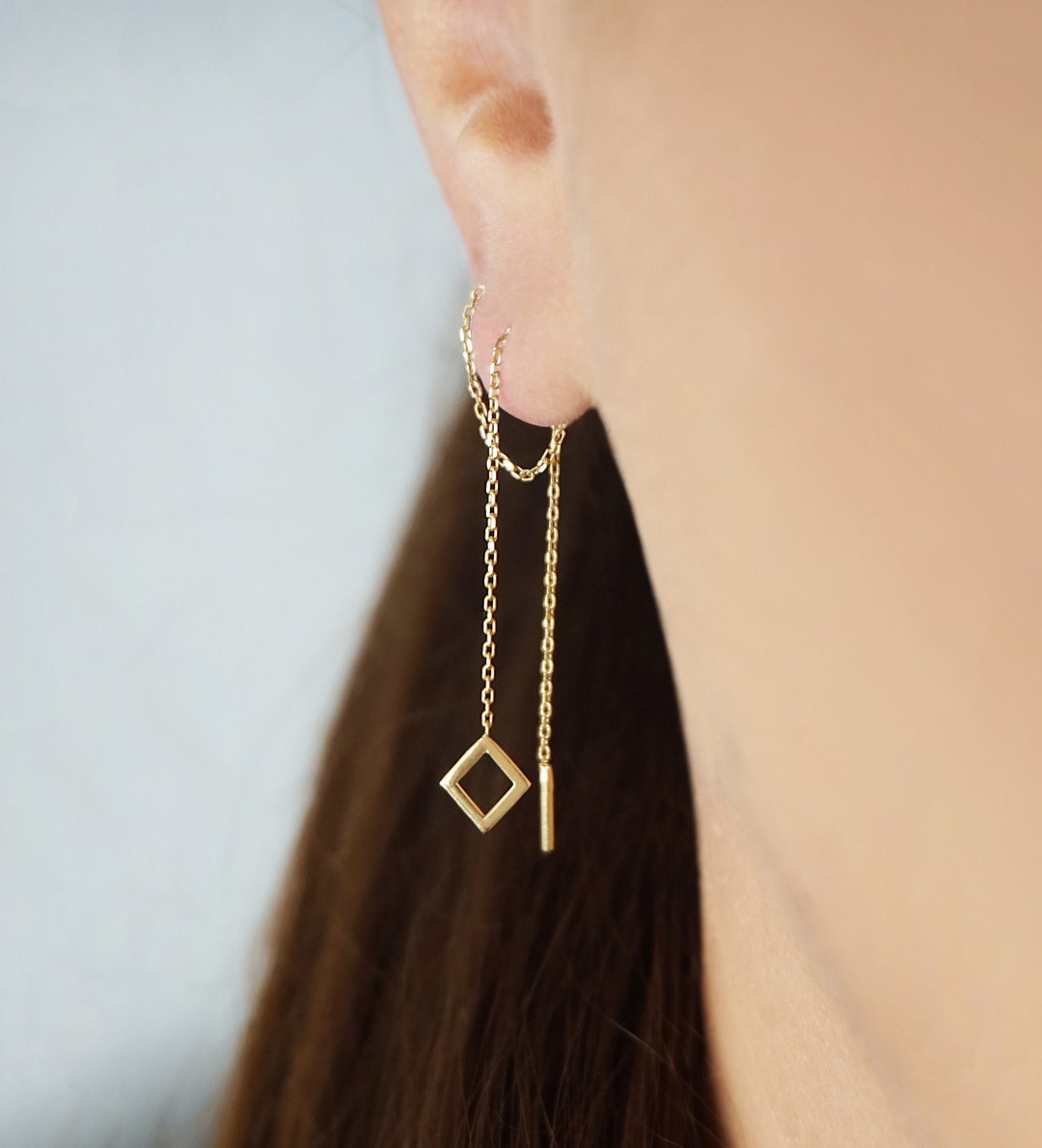 14K 9K Gold Rhombus Threader Earrings, Solid Gold Minimalist Earrings ...