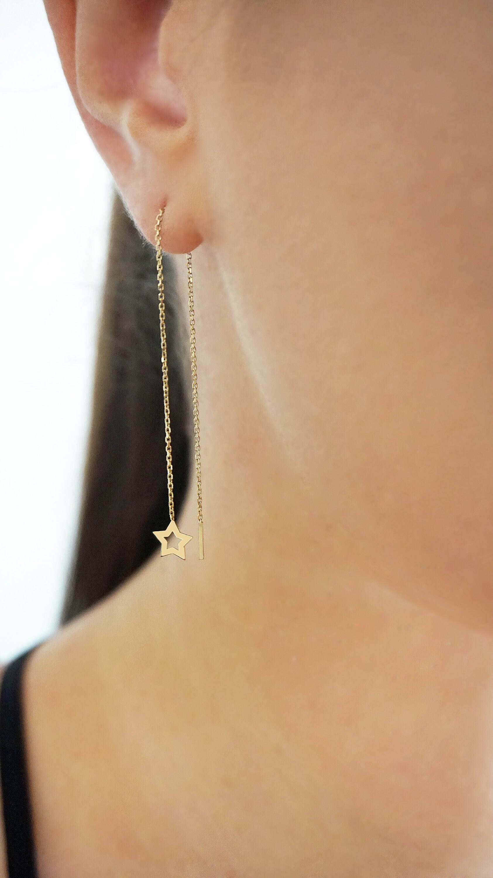 14K 9K Gold Star Threader Earrings Solid Gold Minimalist - Etsy