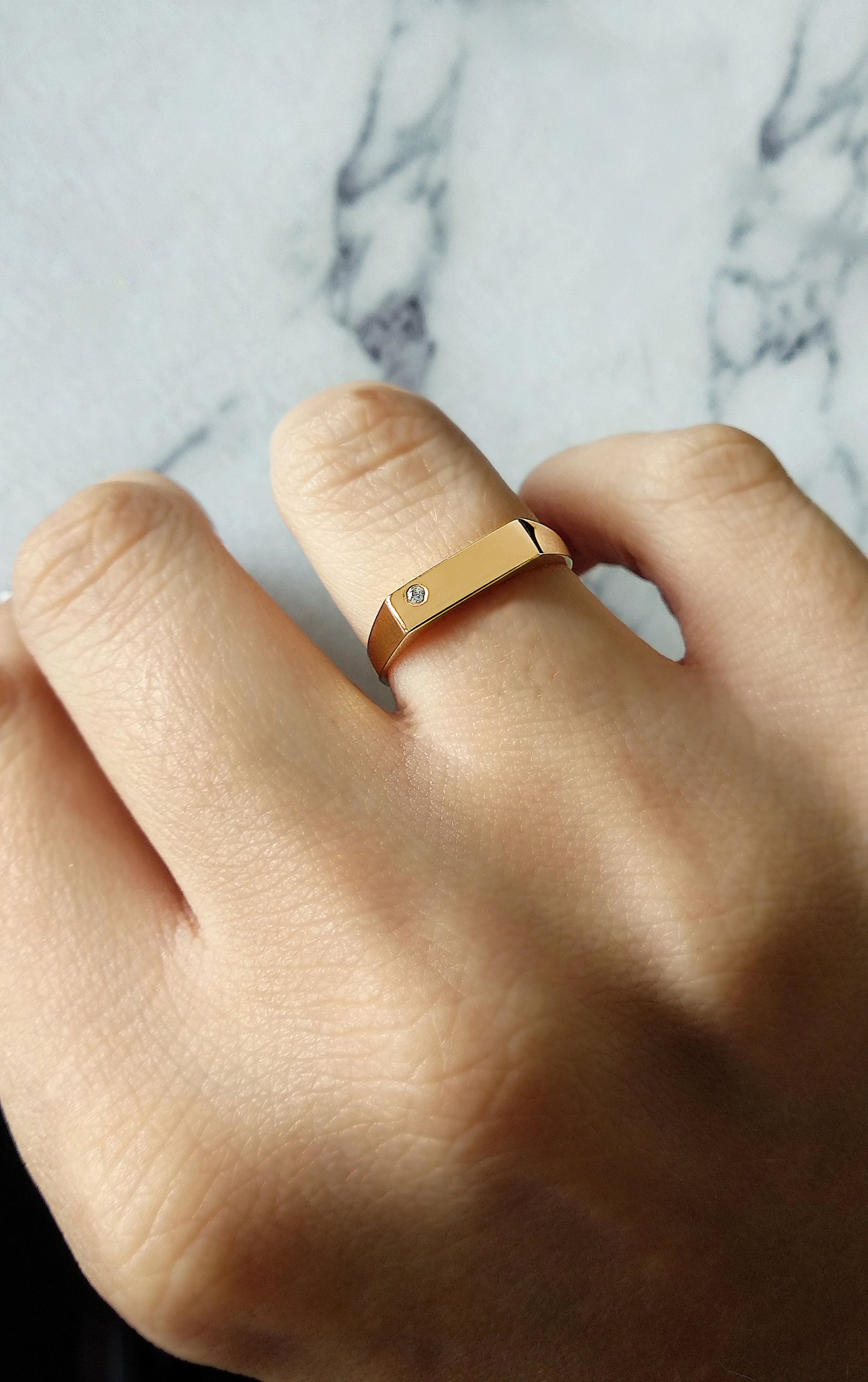 18K 14K 9K Rectangular Bar Signet Ring Diamond Signet Ring | Etsy