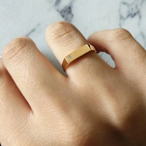 18K 14K 9K Rectangular Bar Signet Ring Diamond Signet Ring - Etsy