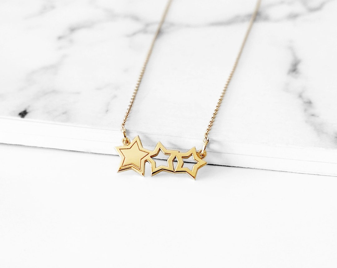 14K 9K Gold Triple Star Necklace, Solid Gold Necklace, Dainty Gold ...