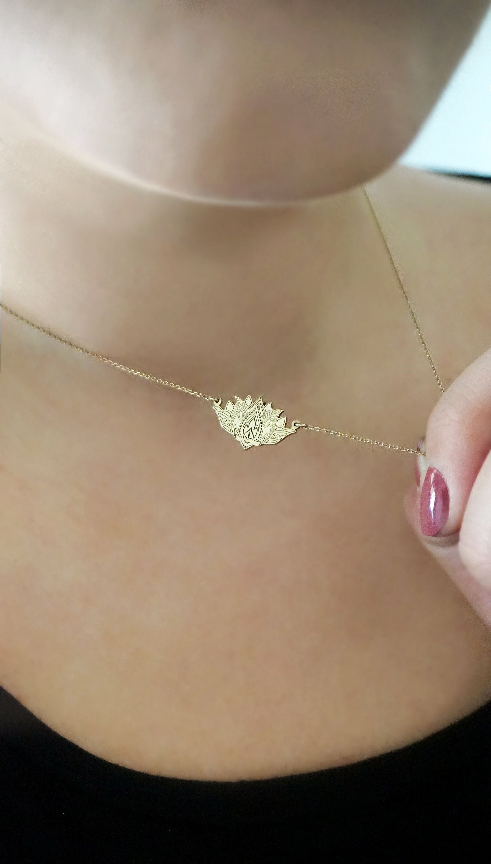 14K Gold Lotus Necklace 9K Mandala Lotus Charm Necklace Yoga | Etsy