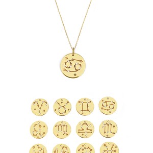 18K 14K 9K Diamond Zodiac Pendant Necklace, Constellation Disc Pendant ...