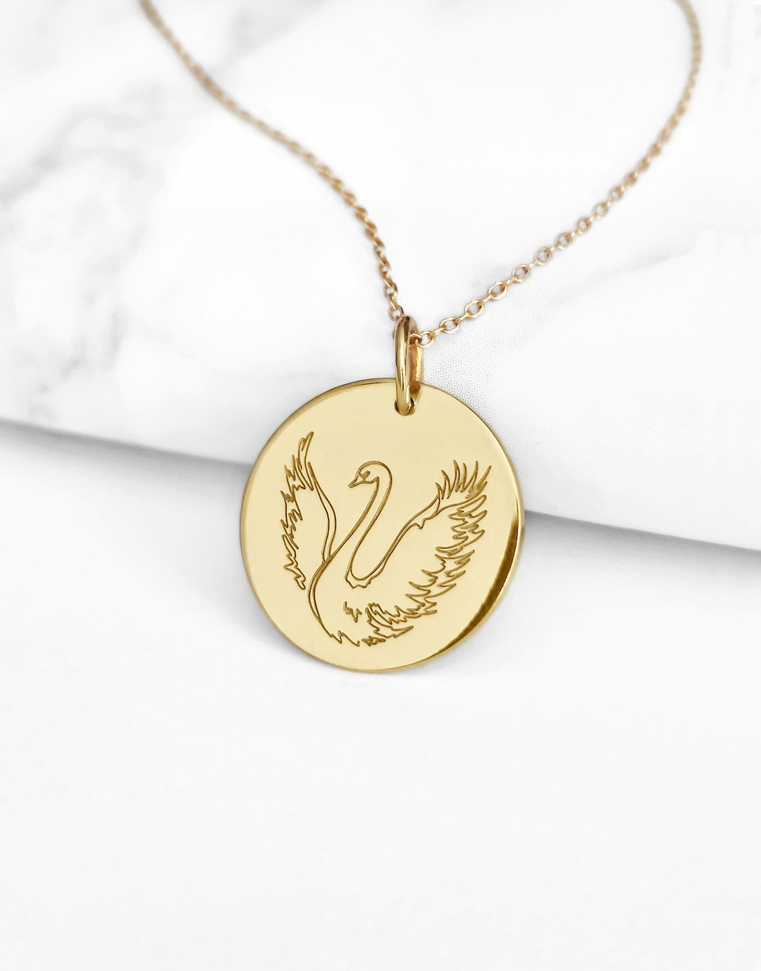 14K 9K Solid Gold Swan Necklace, Real Gold Swan Pendant, Gold Swan Disc ...