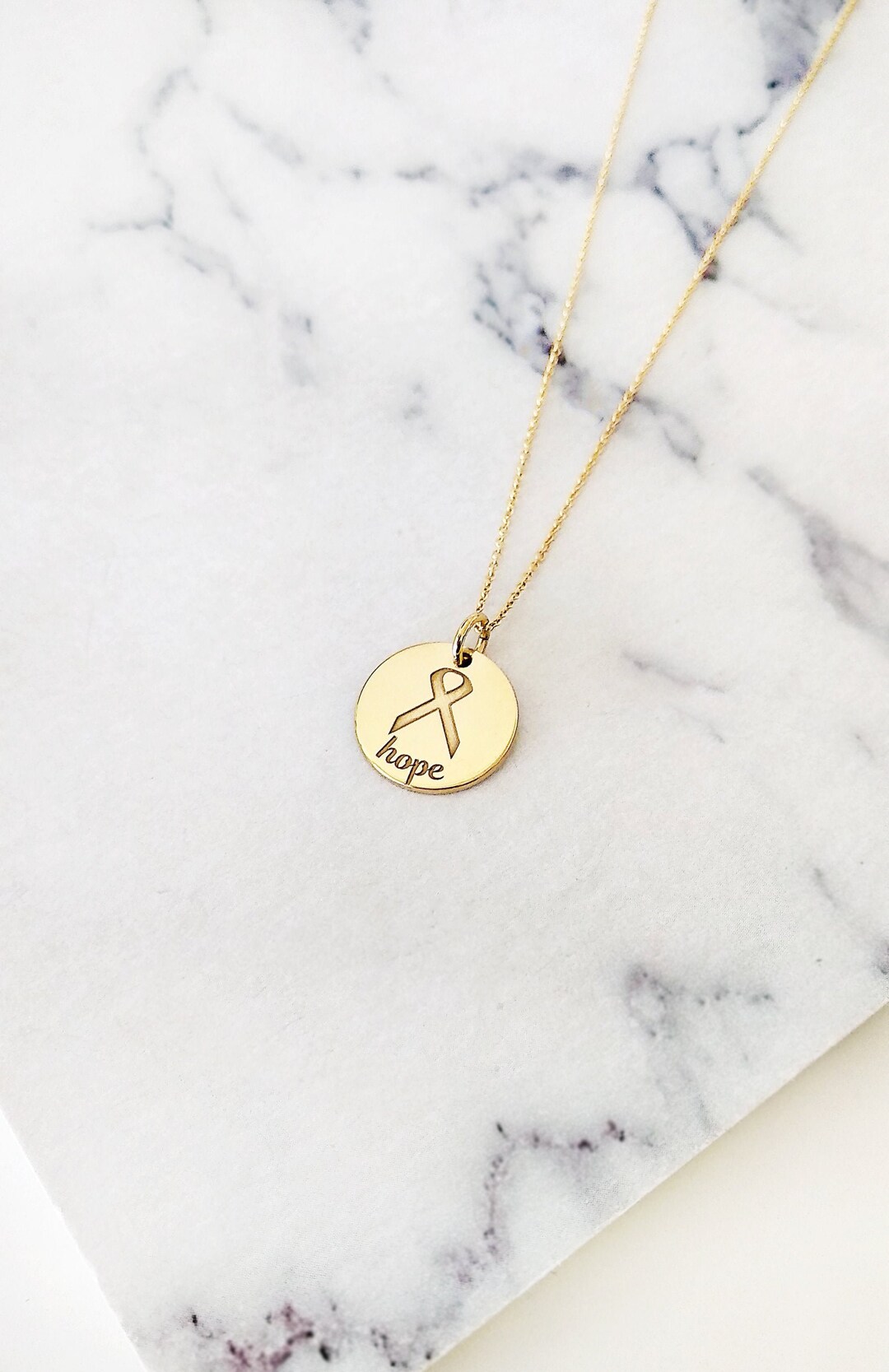 14K Solid Gold Cancer Awareness Ribbon Charm Necklace, Breast Cancer ...