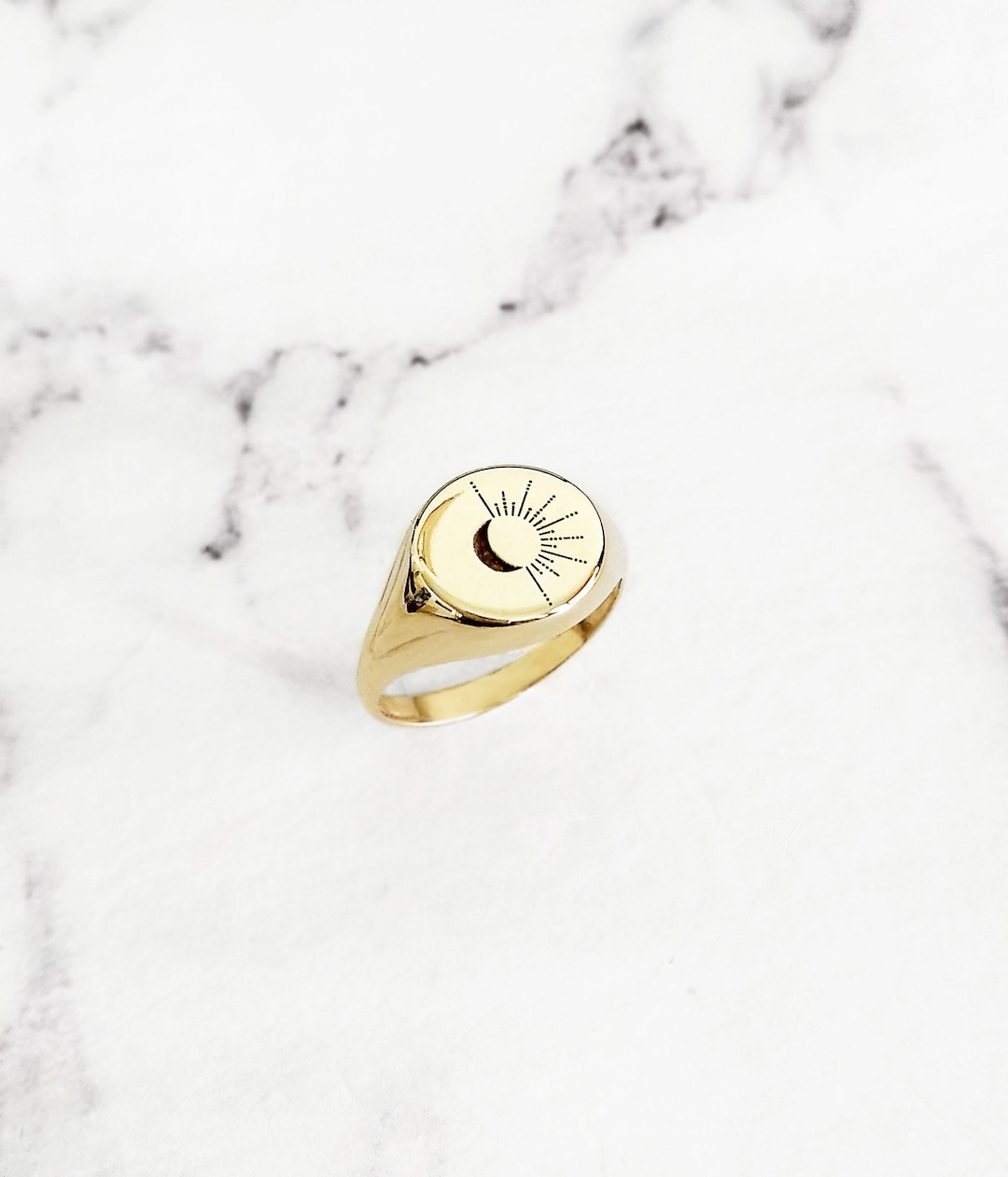 18K 14K Sun and Moon Signet Ring, Engraved Round Signet Ring, Solid ...