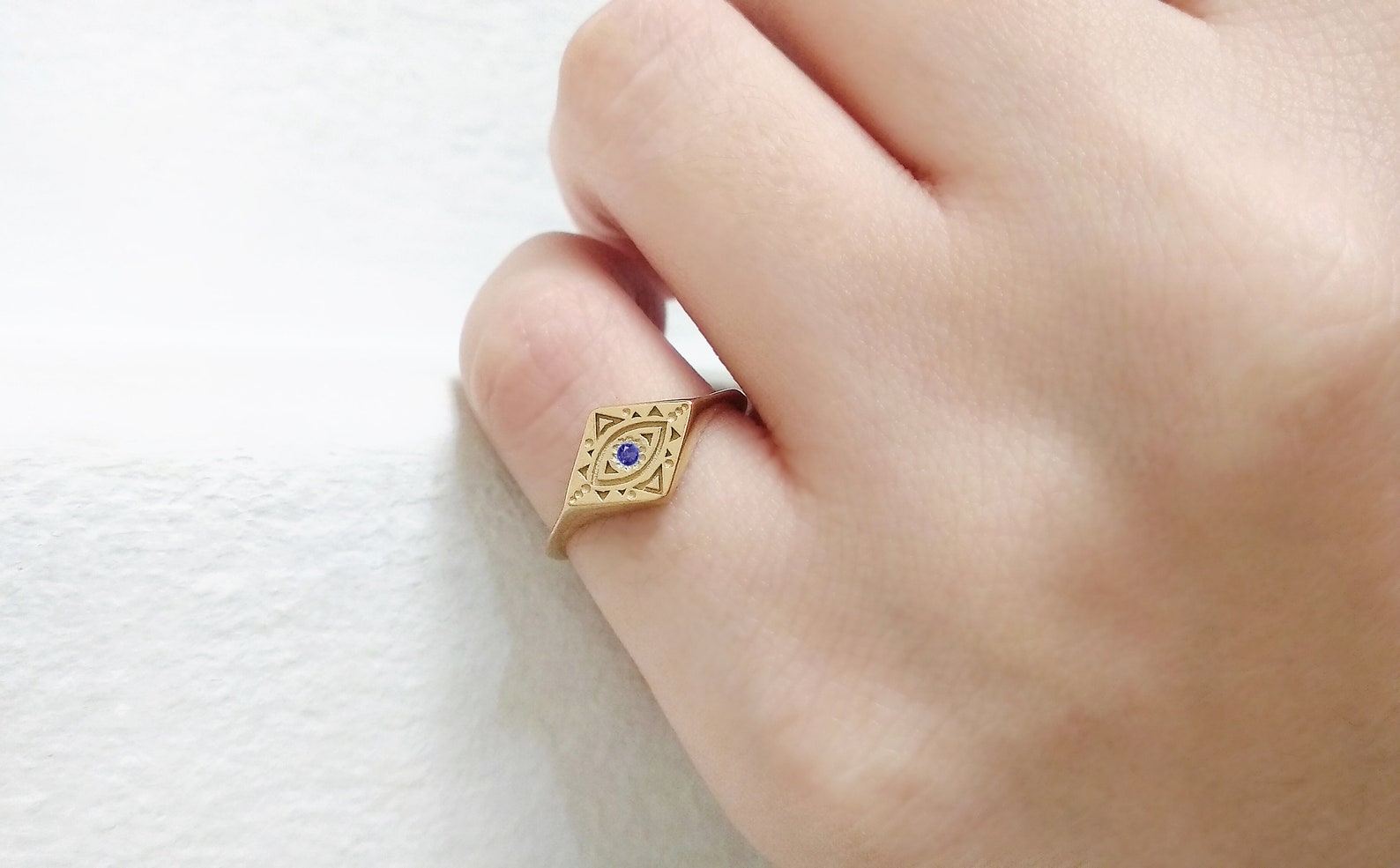 18K 14K 9K Evil Eye Signet Ring, Blue Sapphire Evil Eye Signet Ring ...