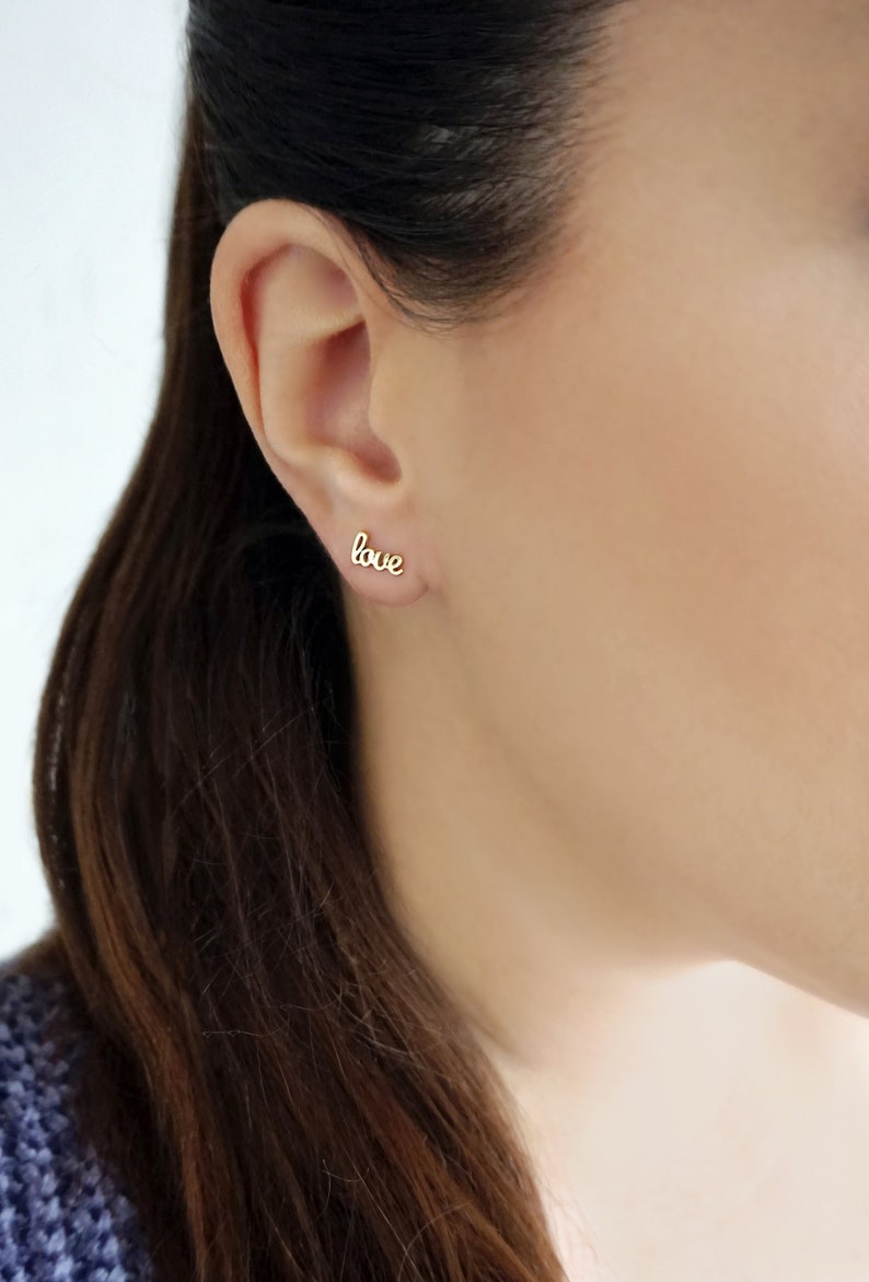 14K Love Earrings Cursive Love Stud Earrings Tiny love | Etsy