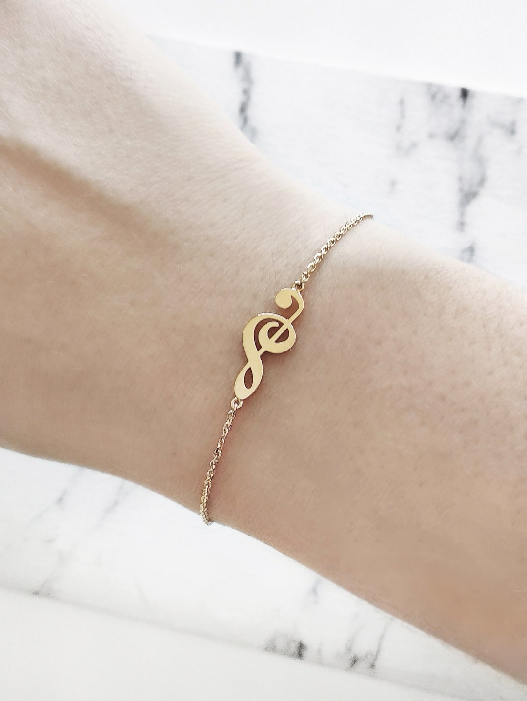 14K Gold Music Note Bracelet, Treble Clef Charm Bracelet, Dainty Music ...
