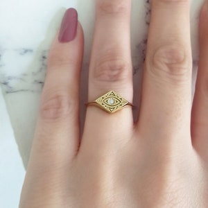 18K 14K 9K Evil Eye Signet Ring, Diamond Evil Eye Signet Ring, Evil Eye ...