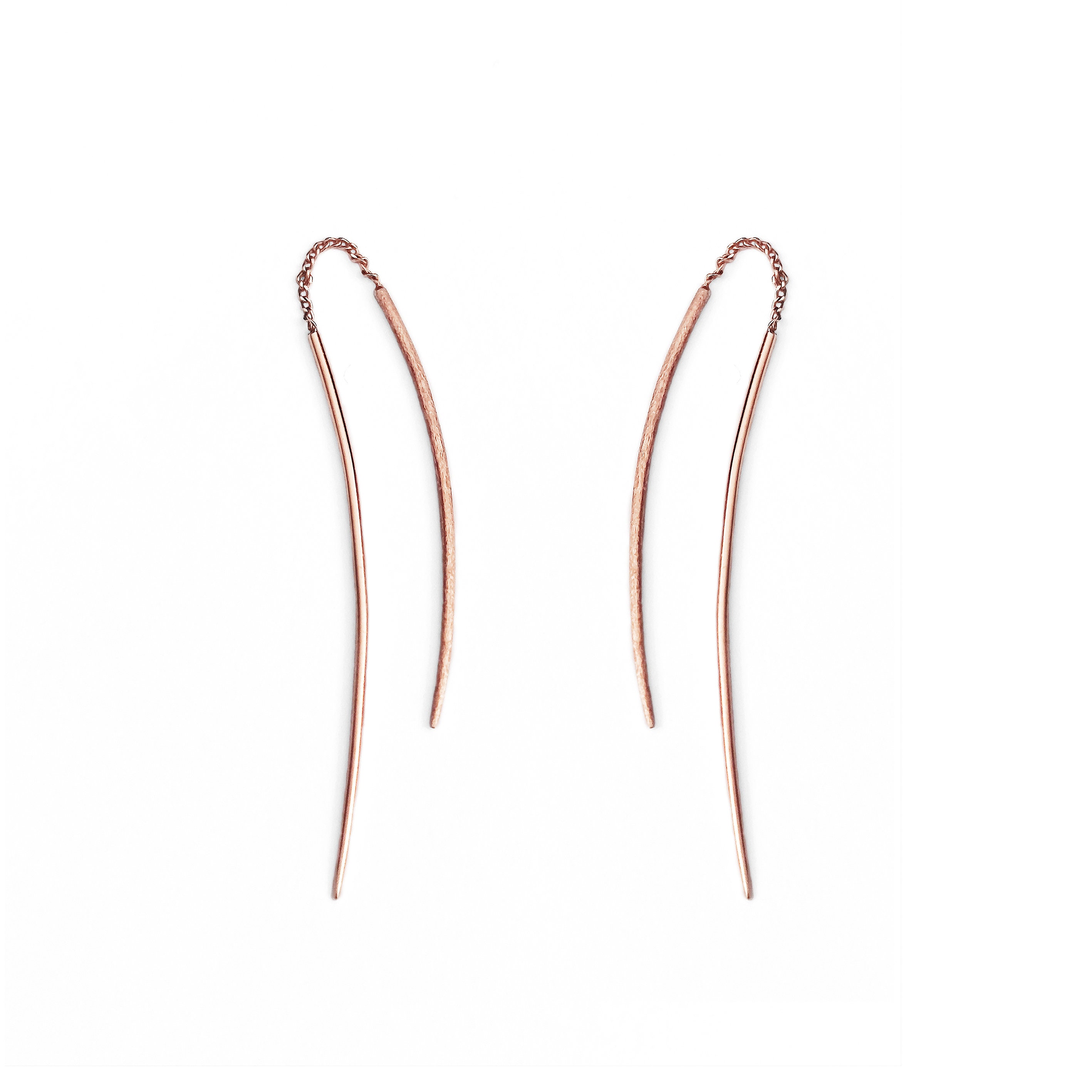 14K 9K Gold Curved Bar Ear Threader Earrings, Solid Gold Swing Earrings ...