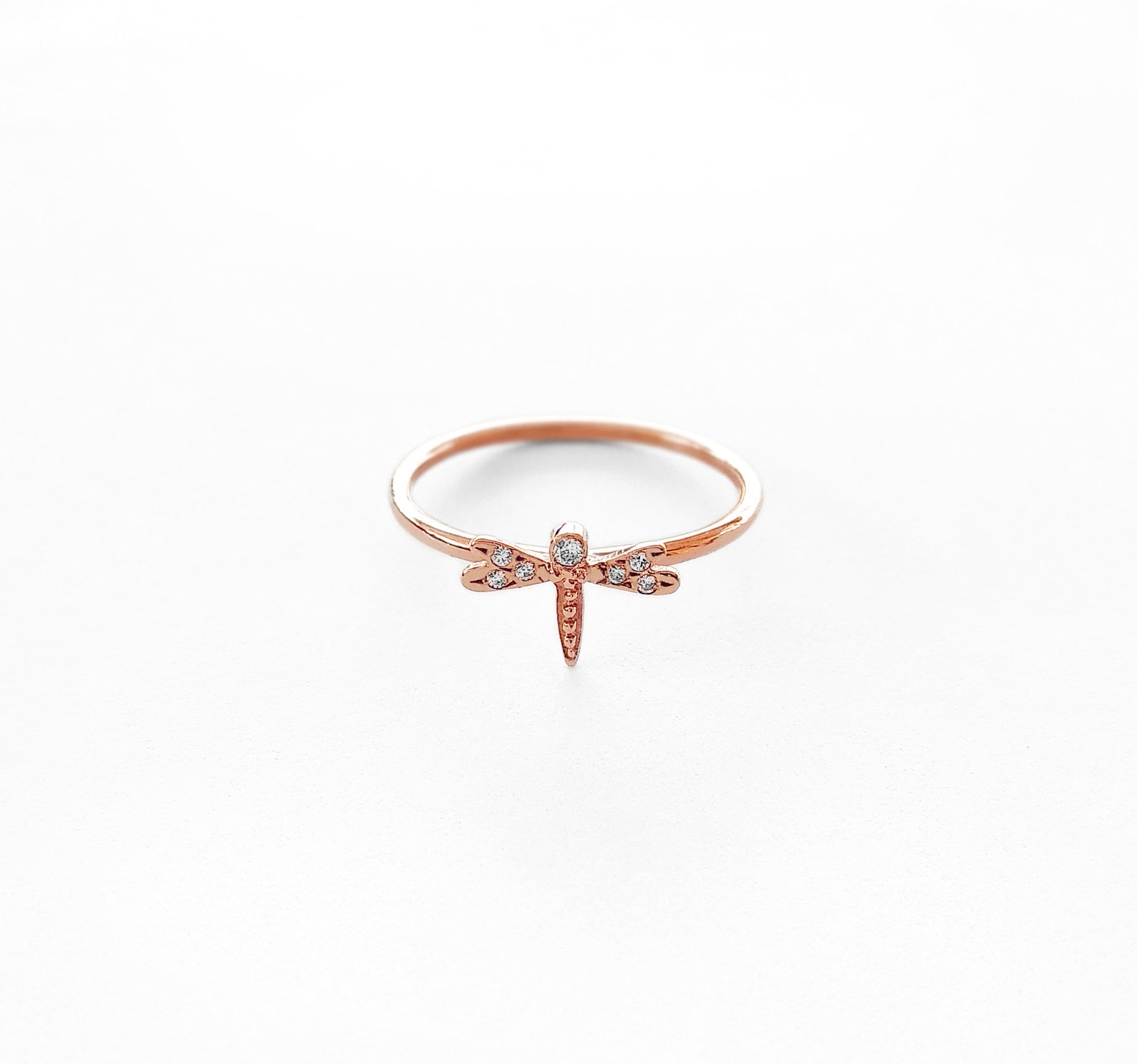 14K 9K Dragonfly Diamond Ring Dainty Dragonfly ring | Etsy