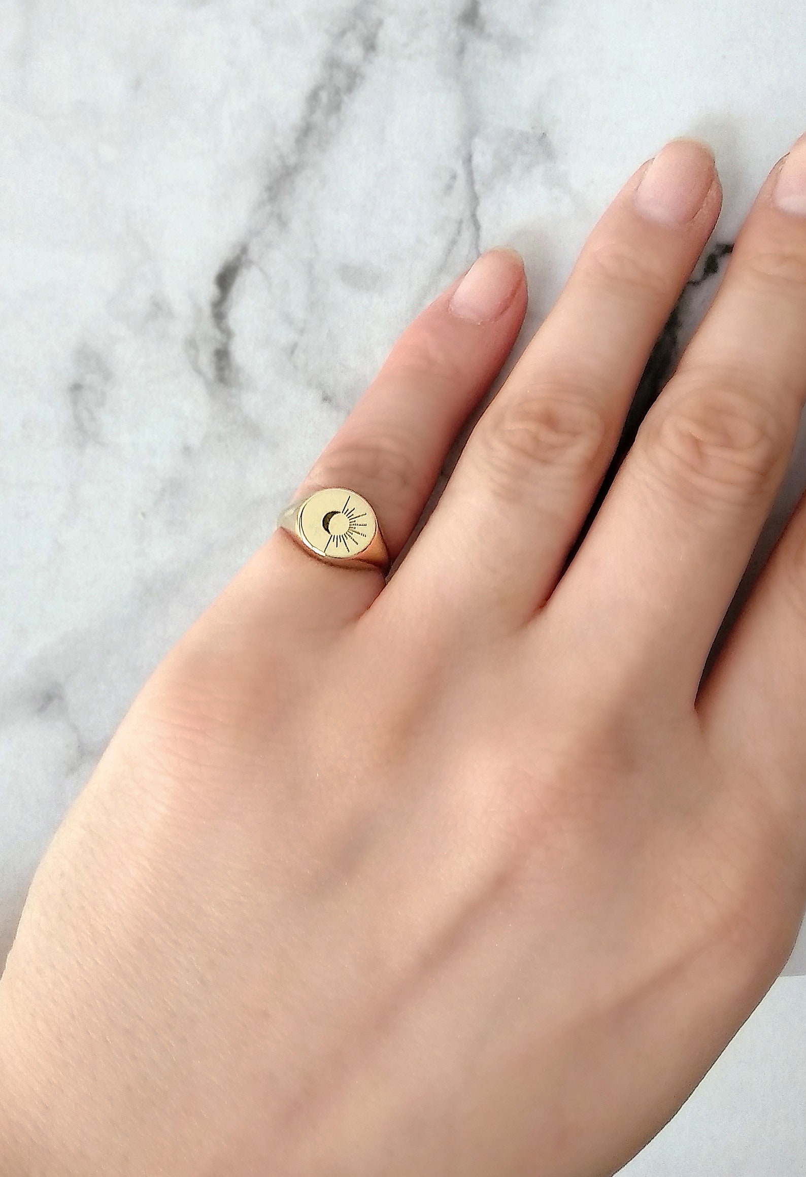 18K 14K Sun and Moon Signet Ring Engraved Round Signet Ring - Etsy