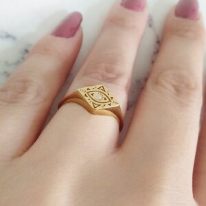 18K 14K 9K Evil Eye Signet Ring, Diamond Evil Eye Signet Ring, Evil Eye ...