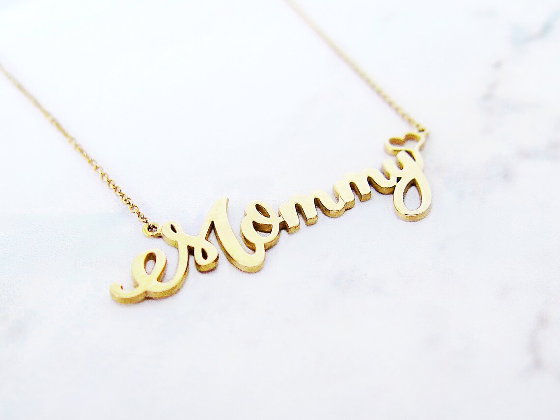 14K 9K Solid Gold Mommy Necklace, Calligraphy Mommy Word Necklace ...