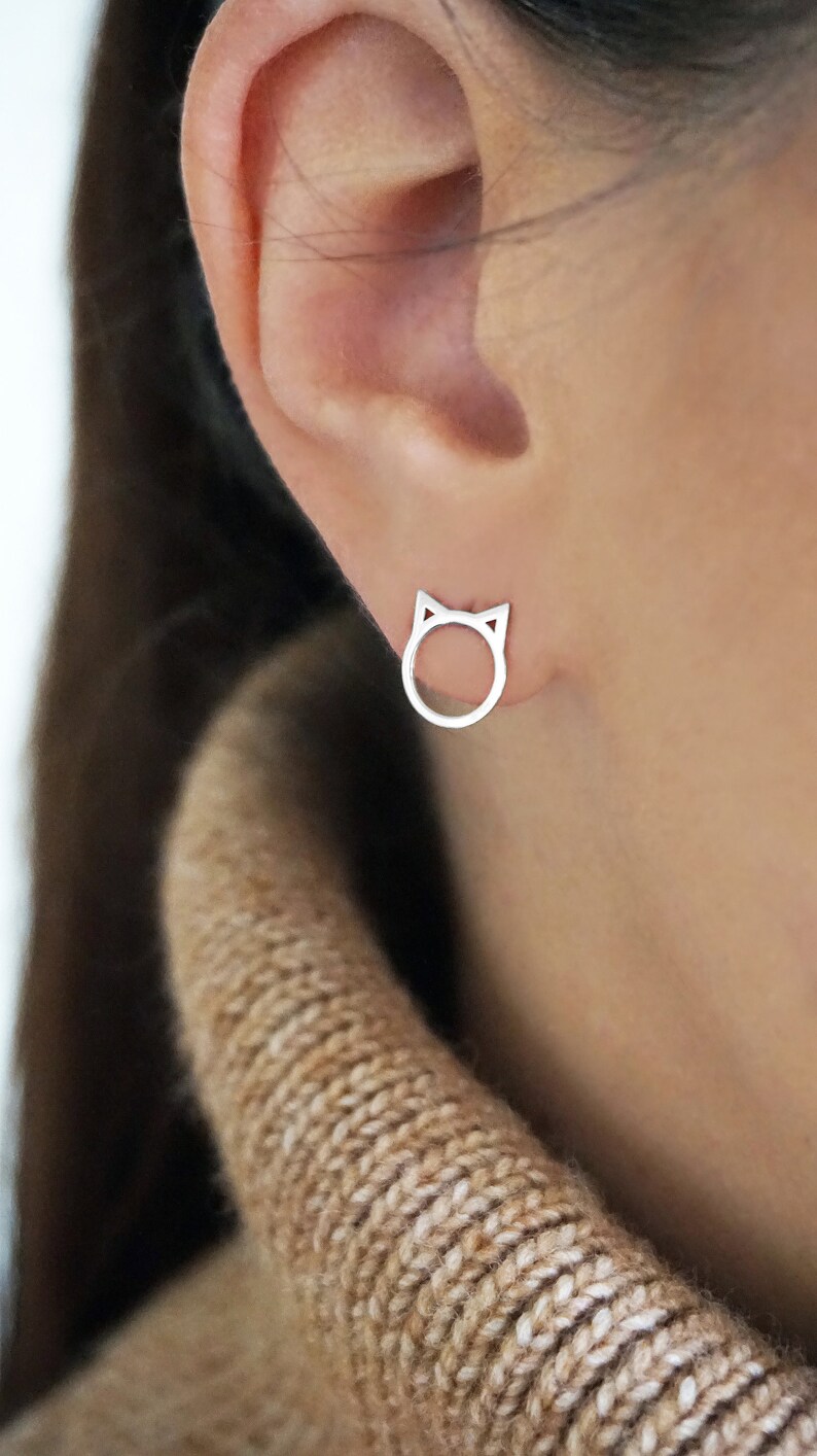 14K 9K Gold Cat Ears Studs, Small Cat Stud Earrings, Kitten Studs ...