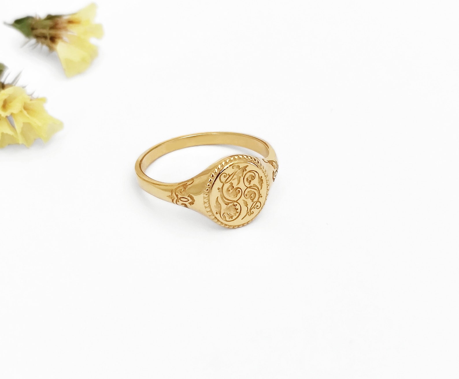 18K 14K 9K Flower Signet Ring, Floral Wreath Signet Ring, Solid Gold ...