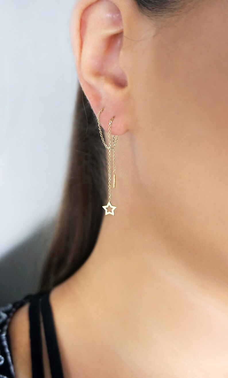 14K 9K Gold Star Threader Earrings, Solid Gold Minimalist Earrings ...